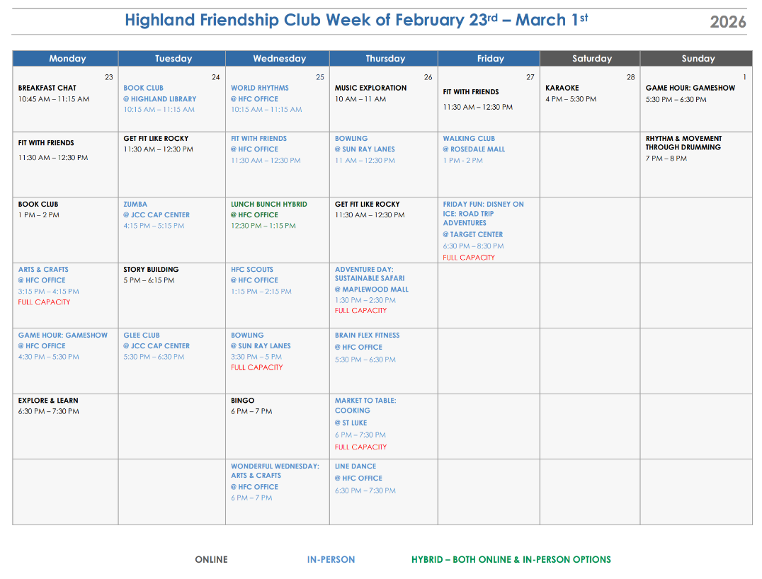 Program Catalog & Weekly Calendars — Highland Friendship Club