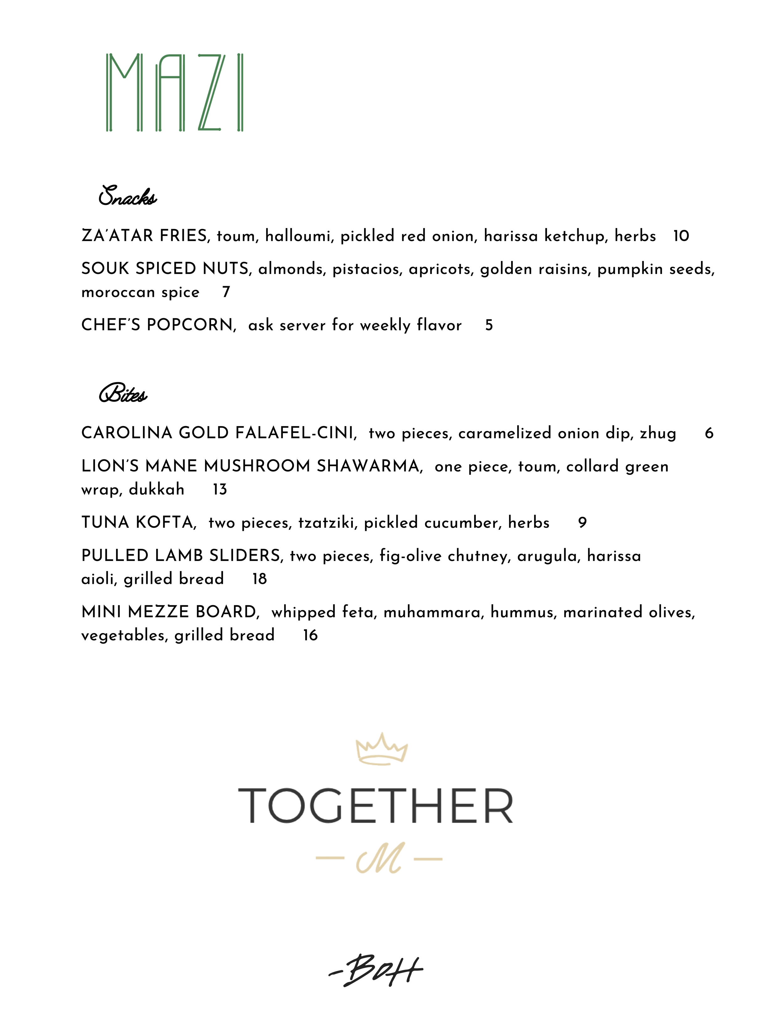 BAR BITE MENU — Mazi