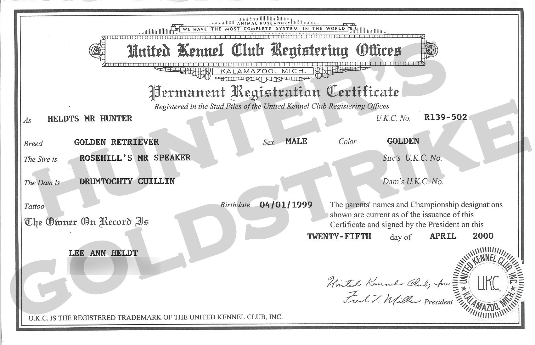 Hunter UKC Registration - Hunters Goldstrike