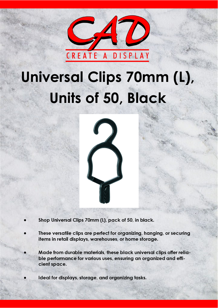 Universal Clips 70mm (L), Units of 50, Black — Create A Display Limited