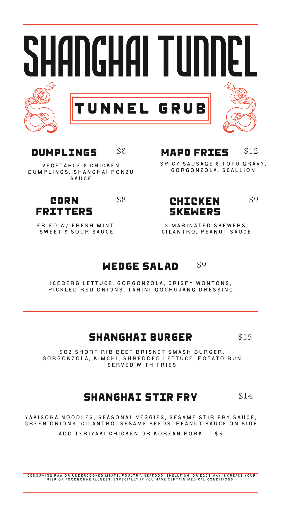 MENU — SHANGHAI TUNNEL BAR