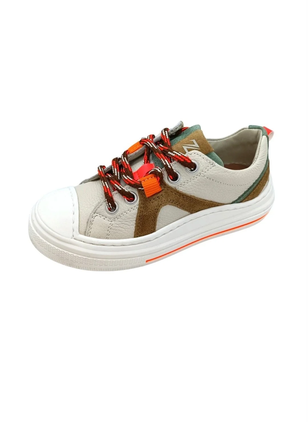 Zecchino d'Oro sneaker ecru - velcro detail cognac -streep oranje ...