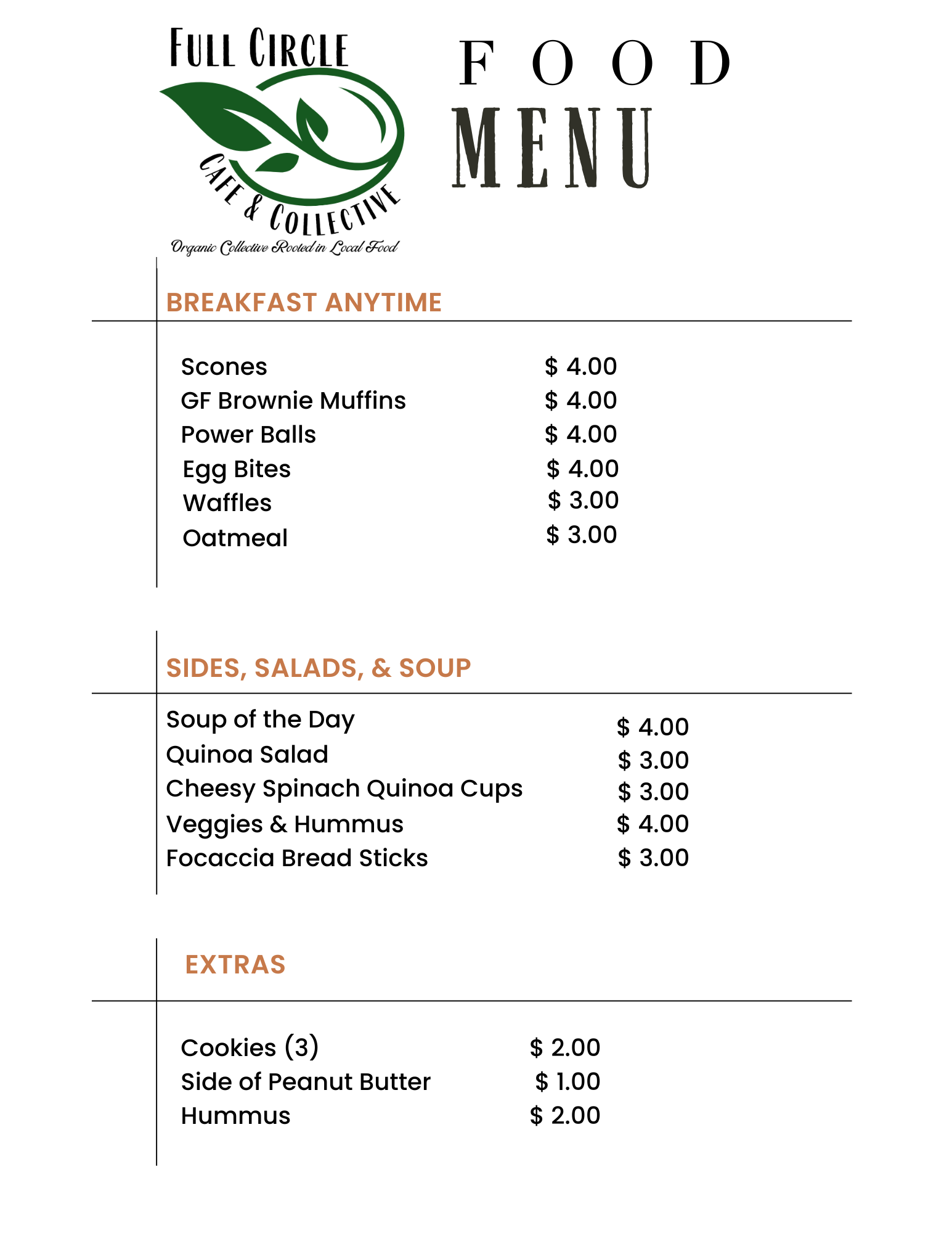 Menus — Full Circle Cafe & Collective