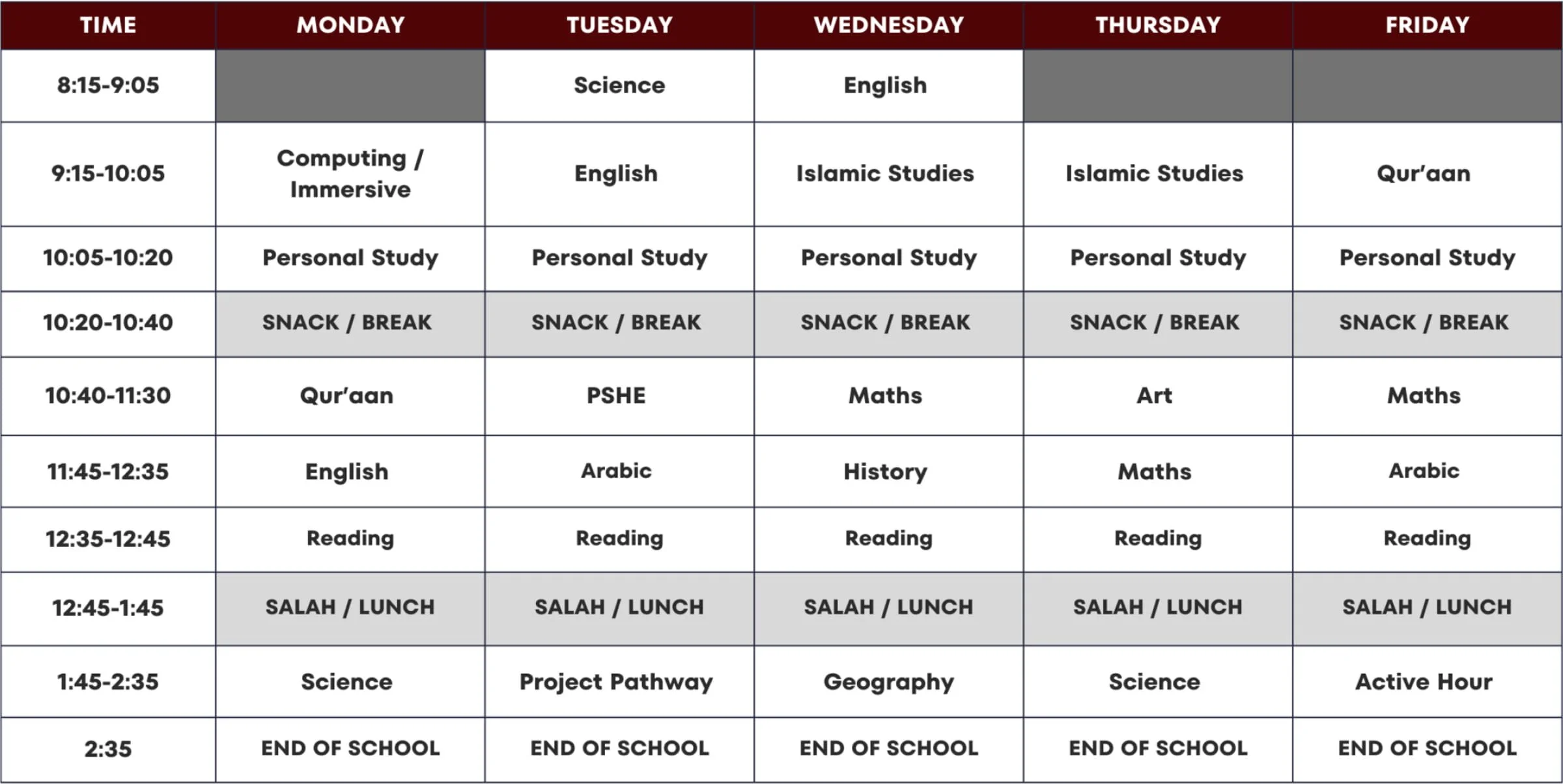 School Timetable | Read Meta School