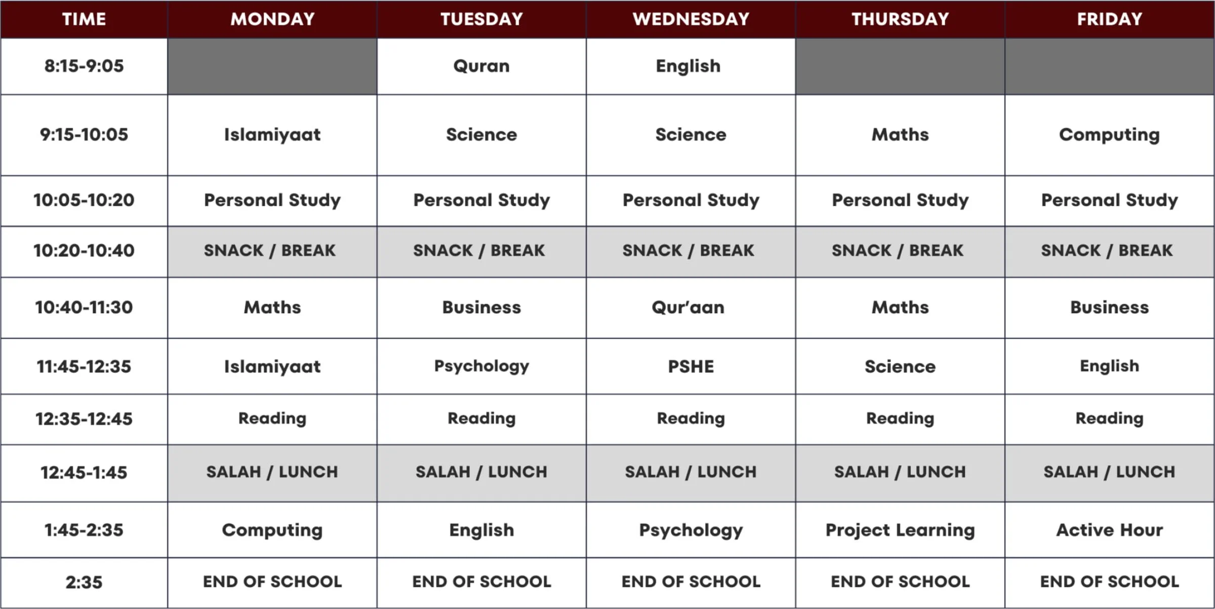 School Timetable | Read Meta School