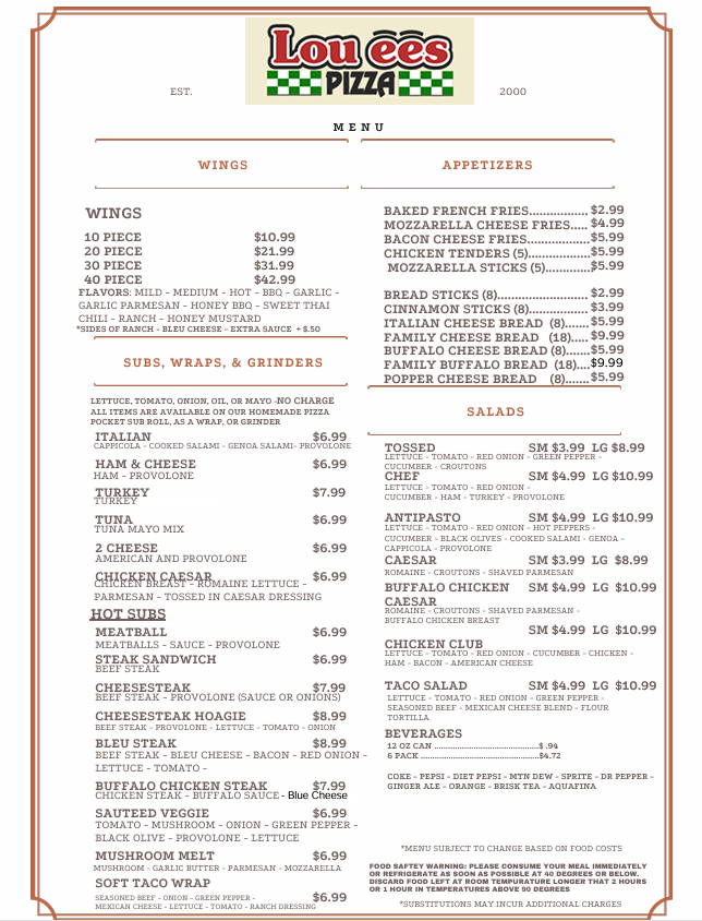 Menu — Louees Pizza