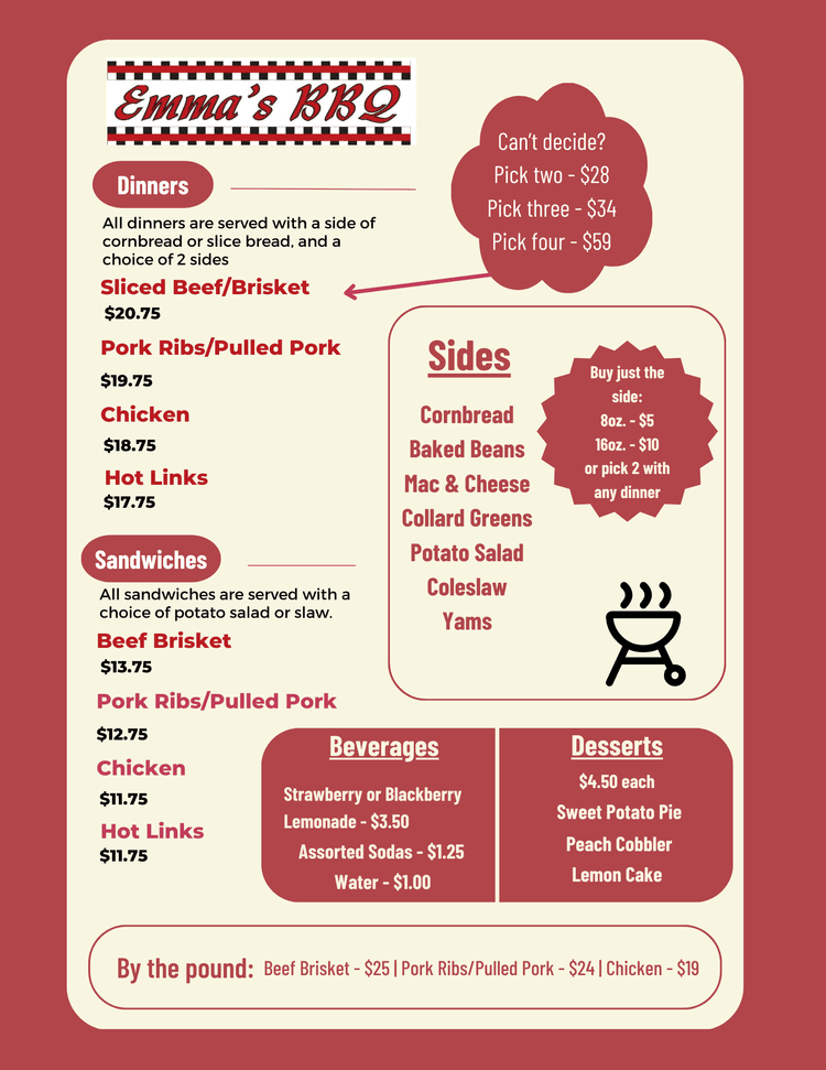 Menu | See our award winning menu — Emma's BBQ