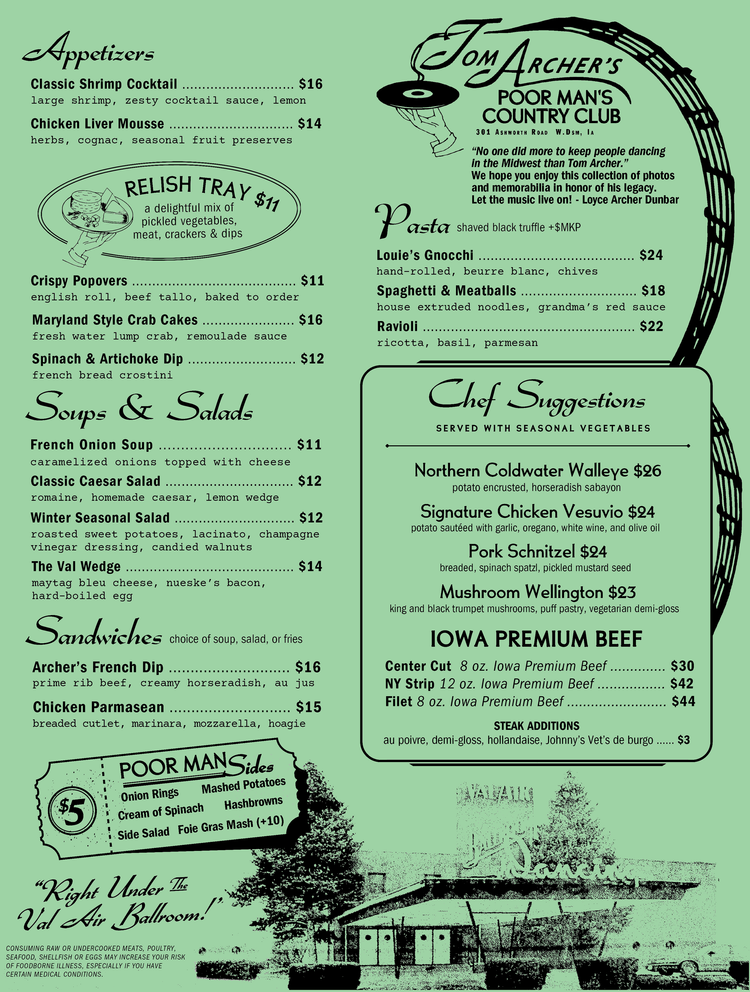 Menu — Tom Archer's Poor Man's Country Club