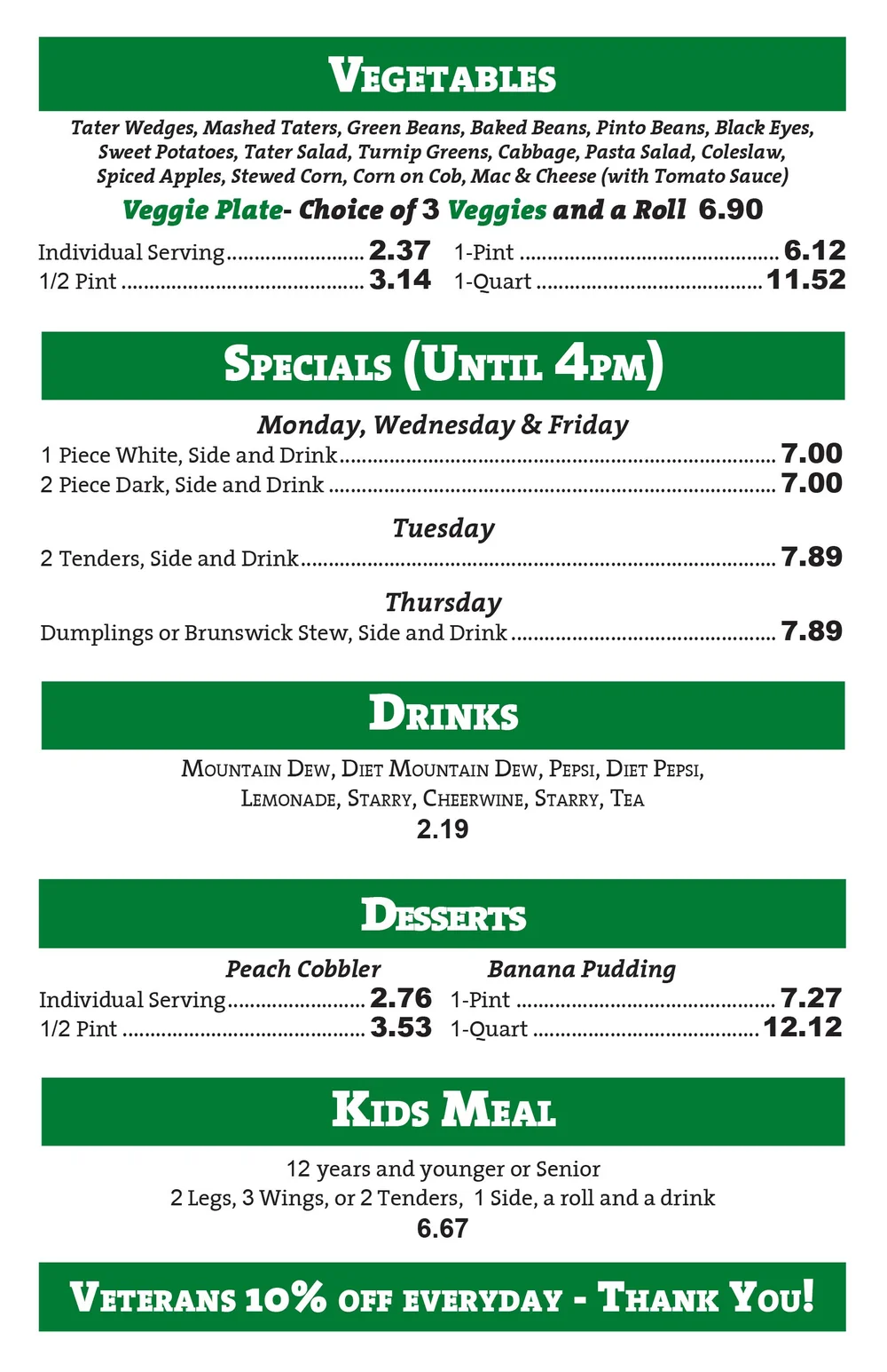 Hickory Menu — MountainFriedChicken.com