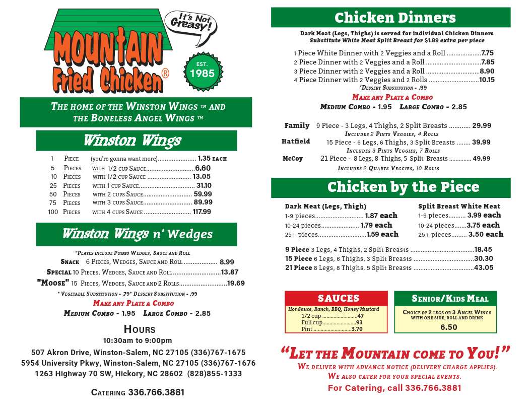 University Menu — MountainFriedChicken.com