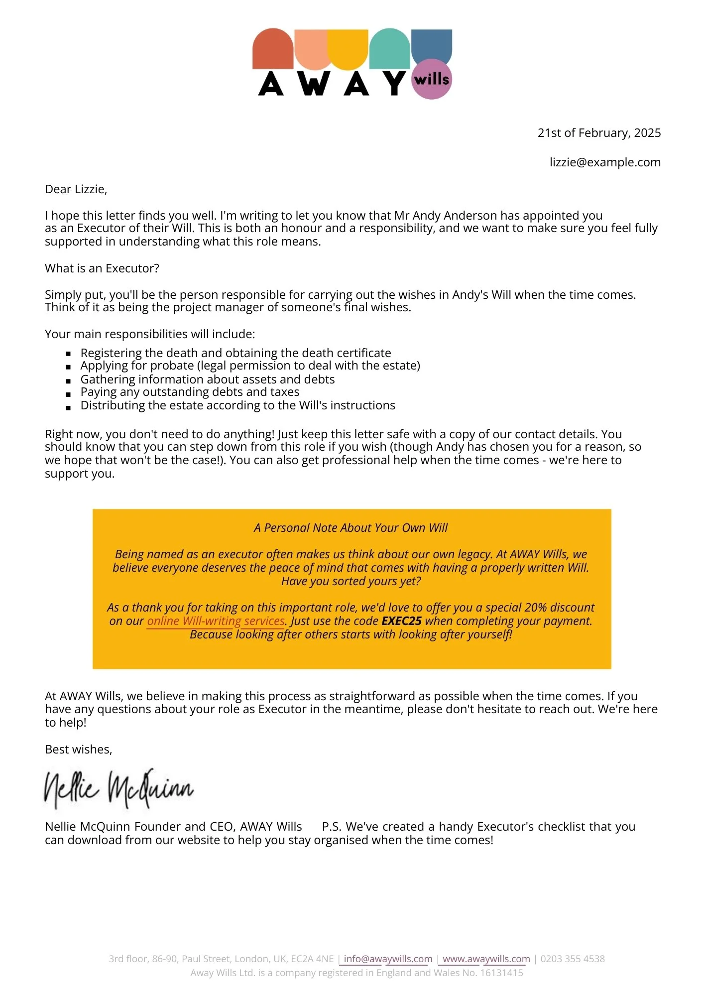 Example Executor Notification Letter — AWAY Wills