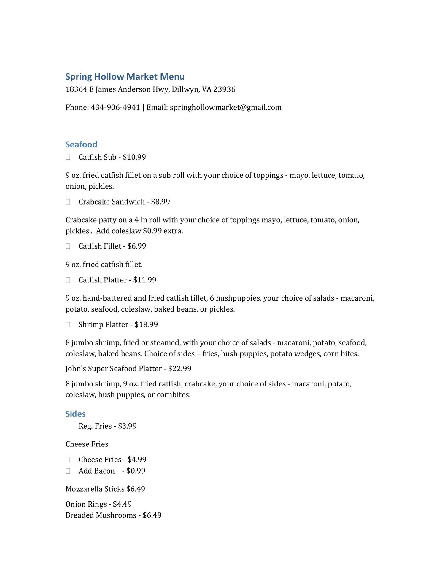 Menu 1 — Spring Hollow Farm Market