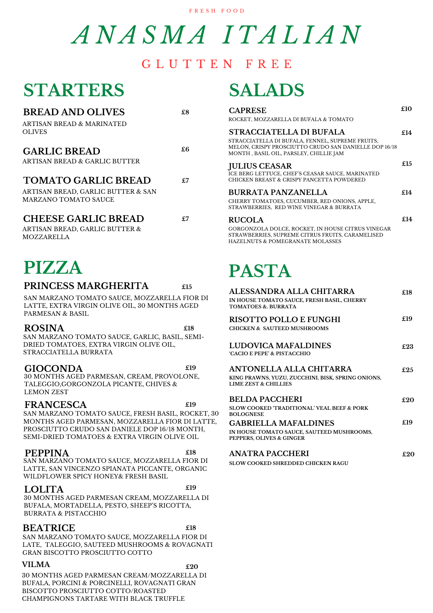 Italian Cuisine Menu — ANASMA
