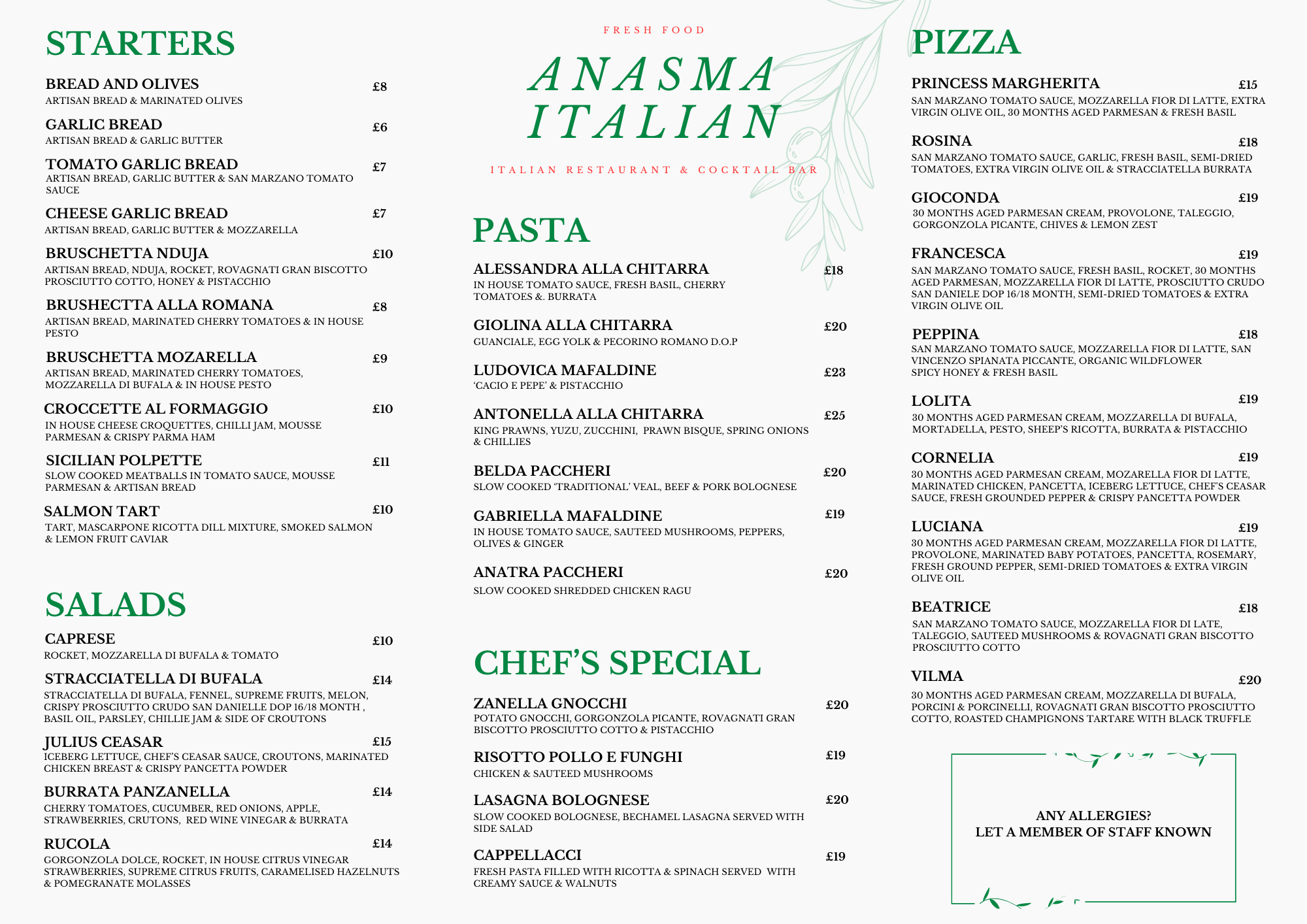 Italian Cuisine Menu — ANASMA