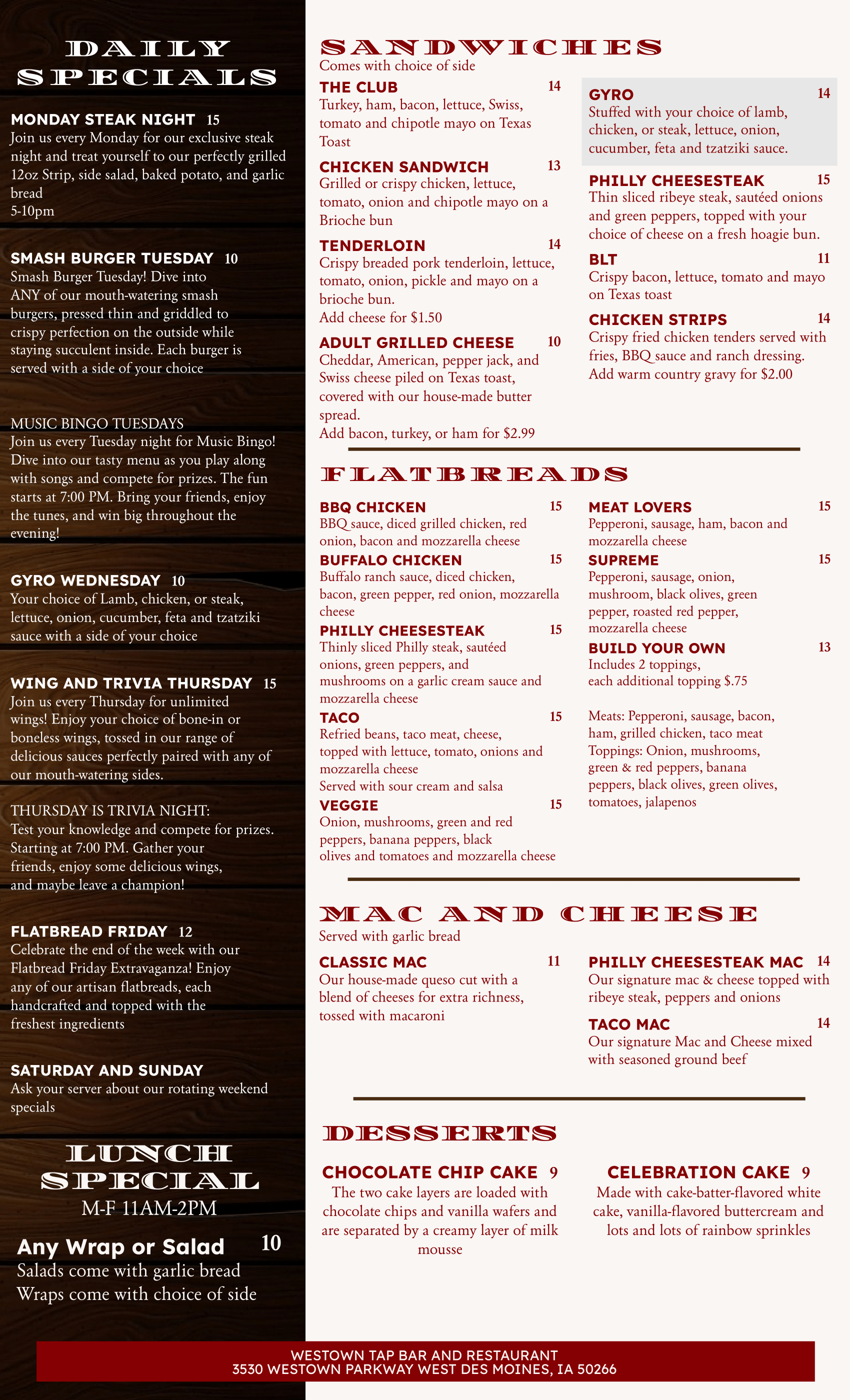 Menu | Best Sports Bar & Restaurant in West Des Moines – Westown Tap ...