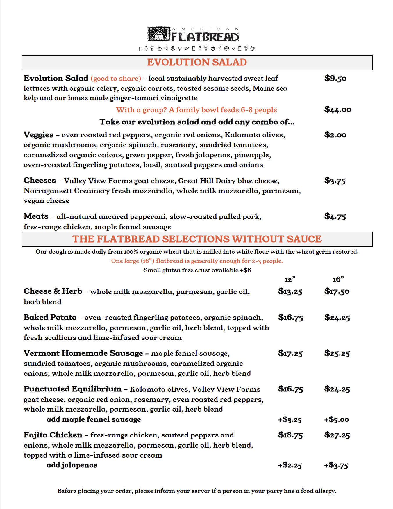 Menu — Sacco's Bowling by American Flatbread