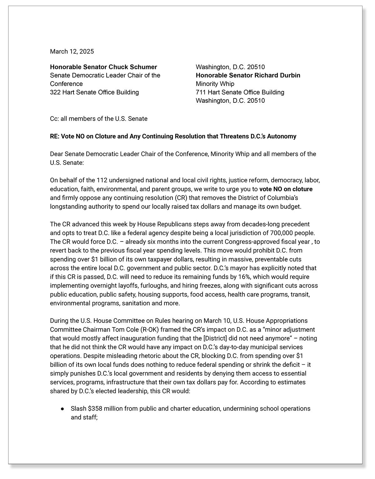 Letter: 112 organizations oppose federal interference in DC budget ...