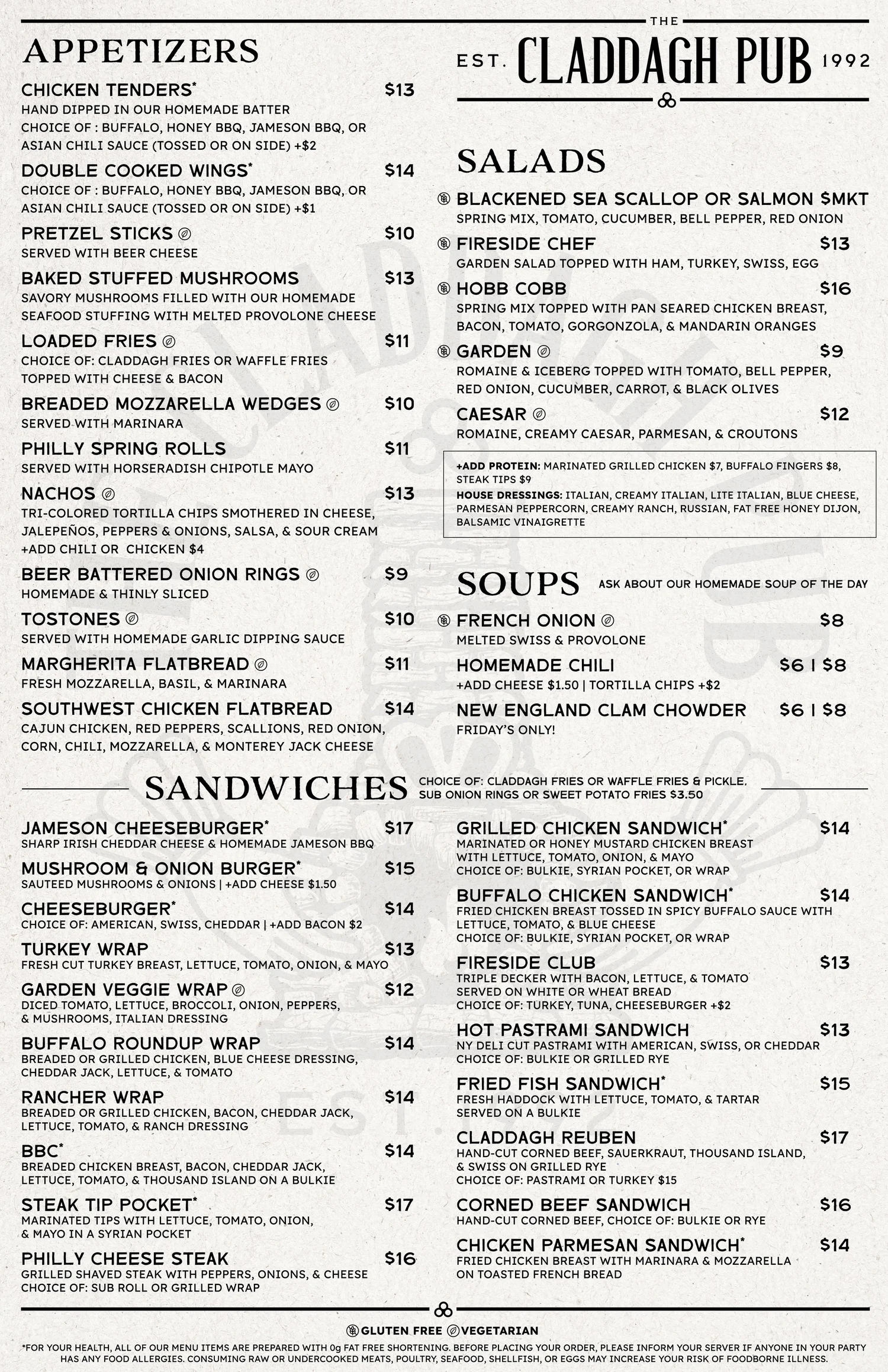 Menu | Discover Our Menu — Dine Today — The Claddagh Pub