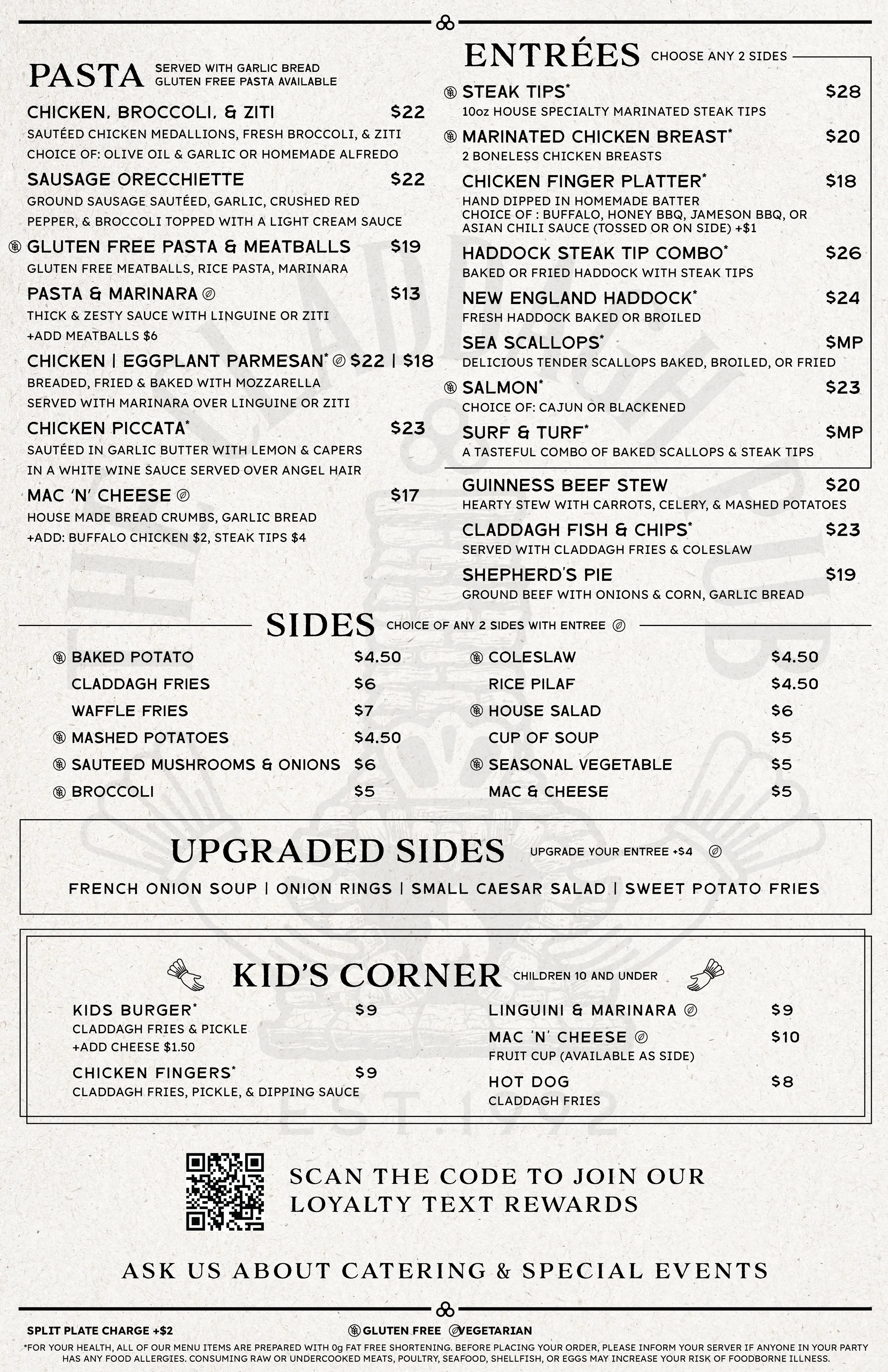 Menu | Discover Our Menu — Dine Today — The Claddagh Pub