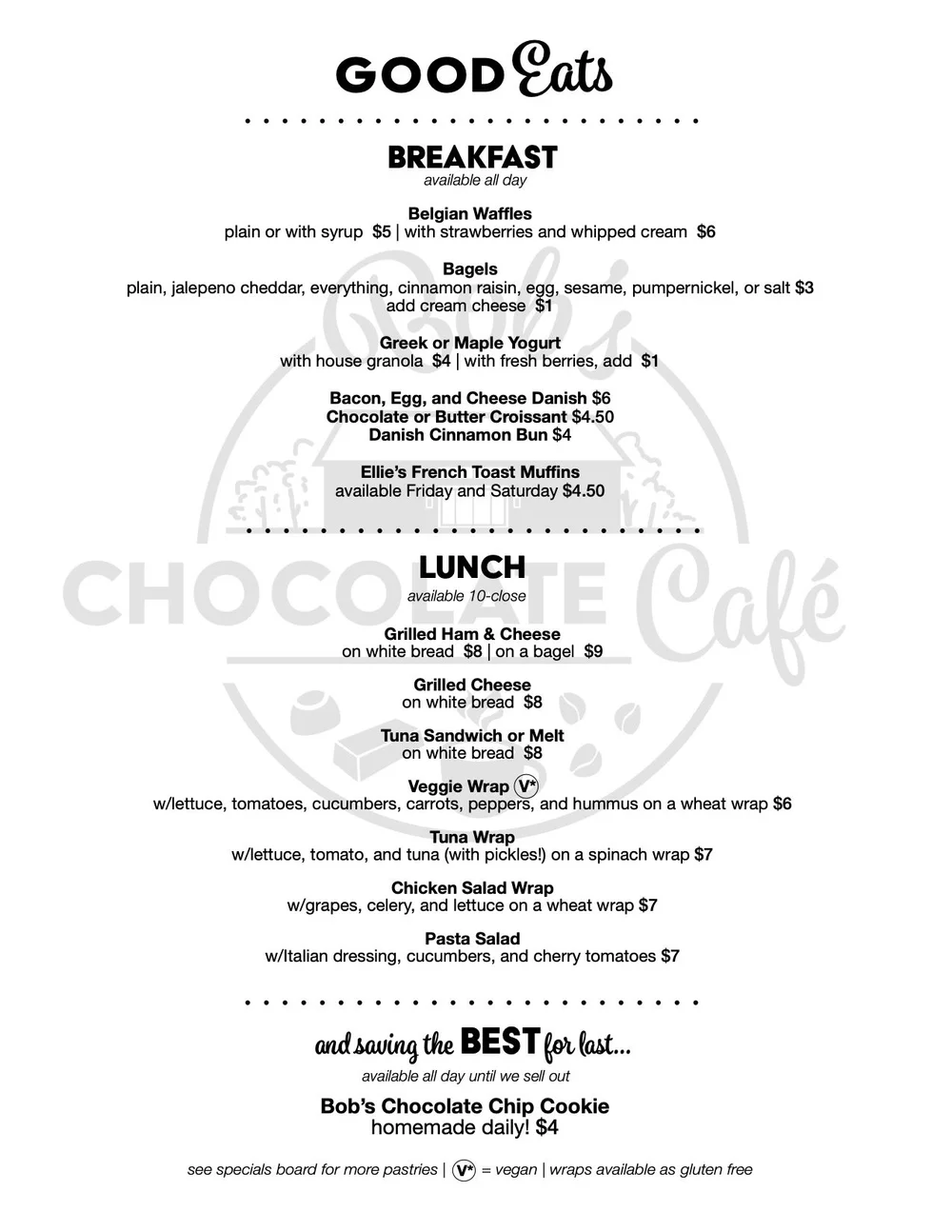 Cafe Menu — Bob's Chocolate Cafe