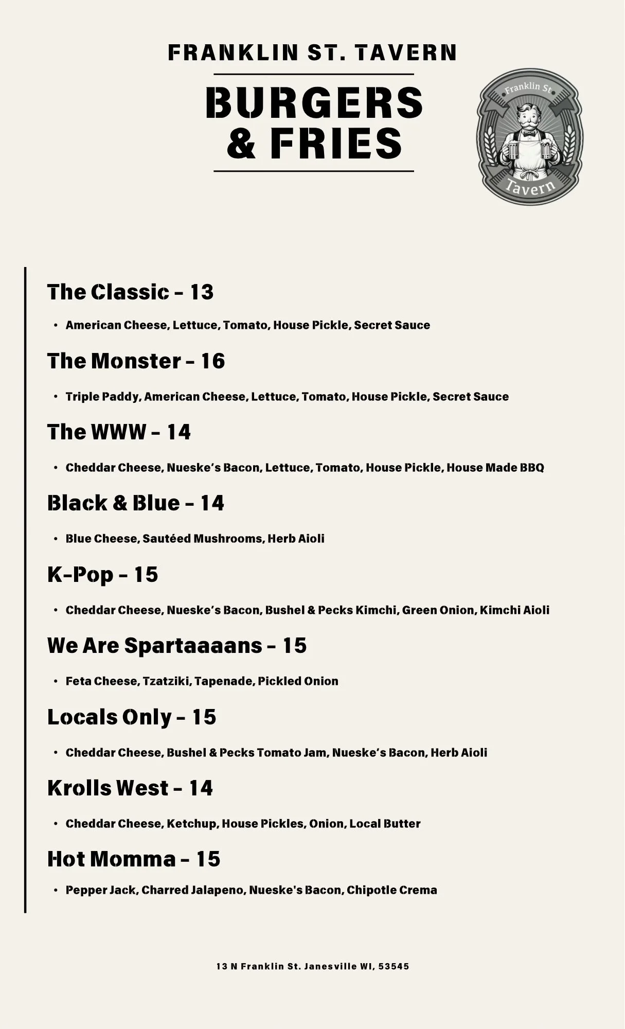 Menu — Franklin Street Tavern