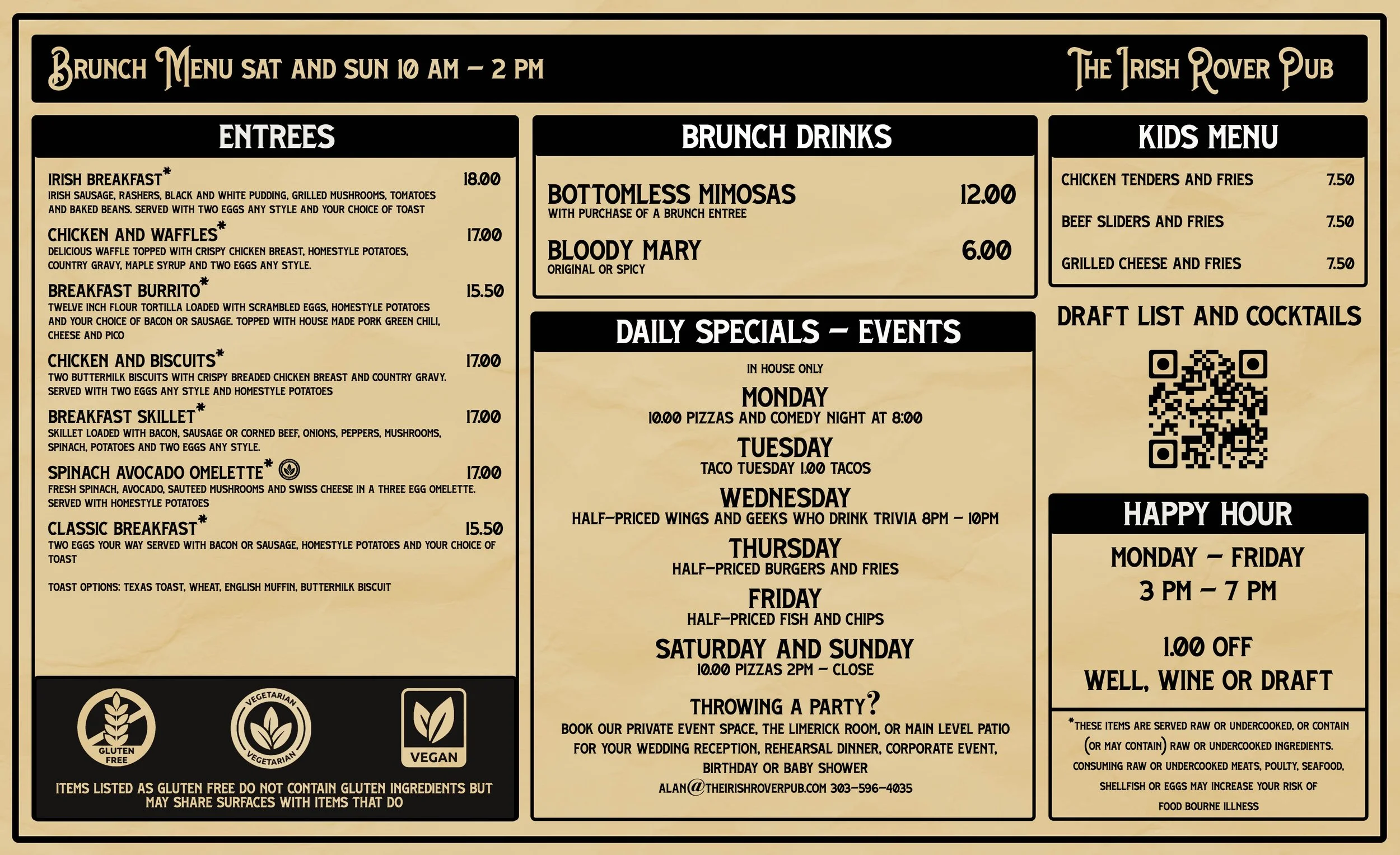 Menus and Specials — The Irish Rover Pub