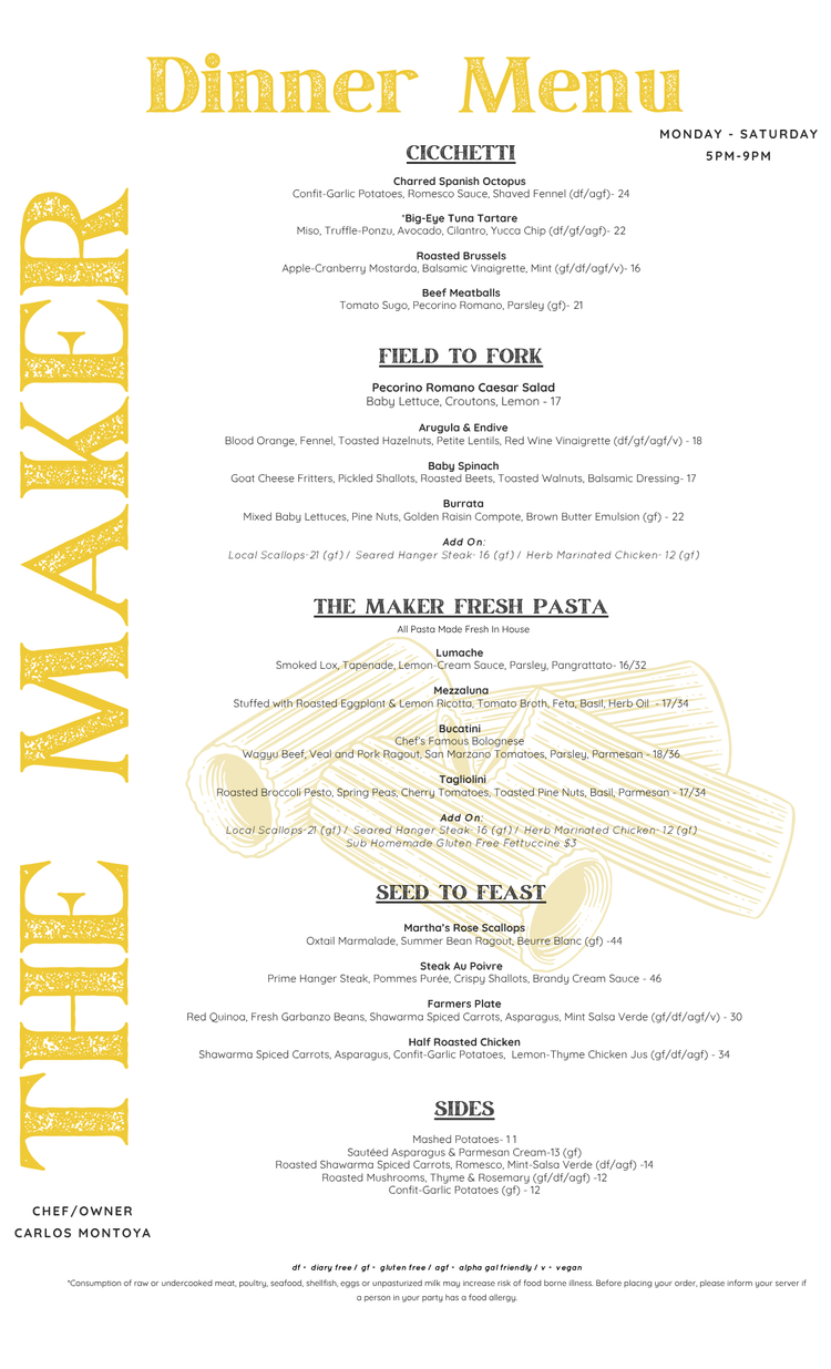 Dinner Menu | Indulge in Culinary Delights — The Maker: Pasta Shop & Cafe