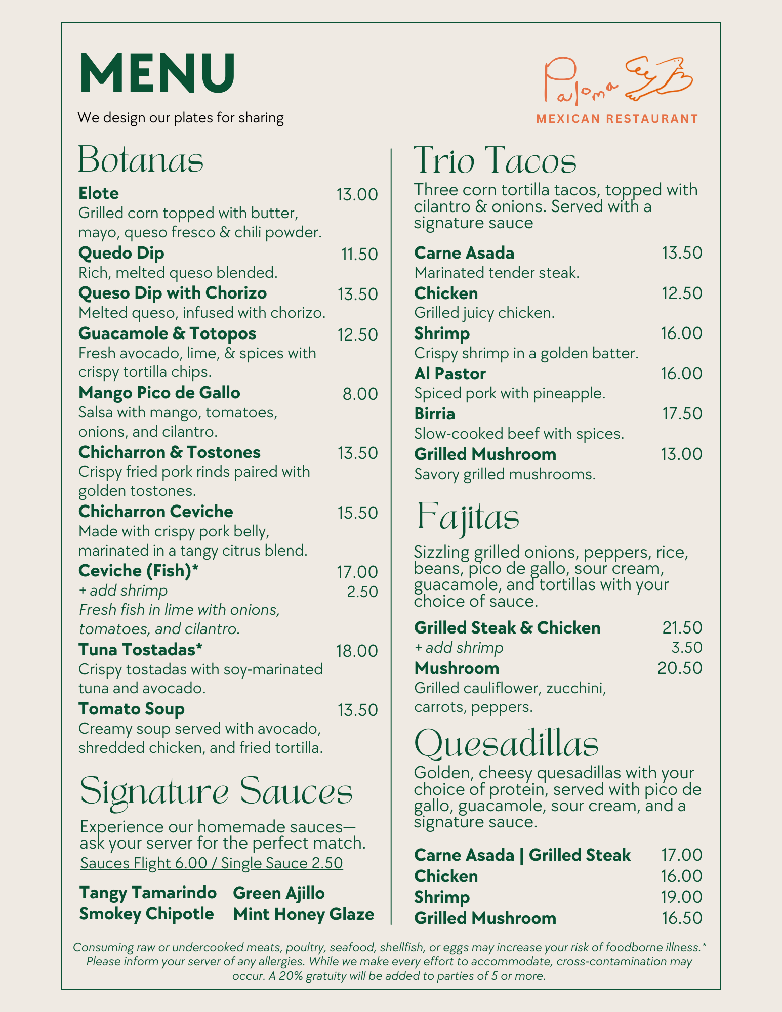 Menu | Discover Delicious Mexican Flavors — Order Now — Paloma Mexican ...