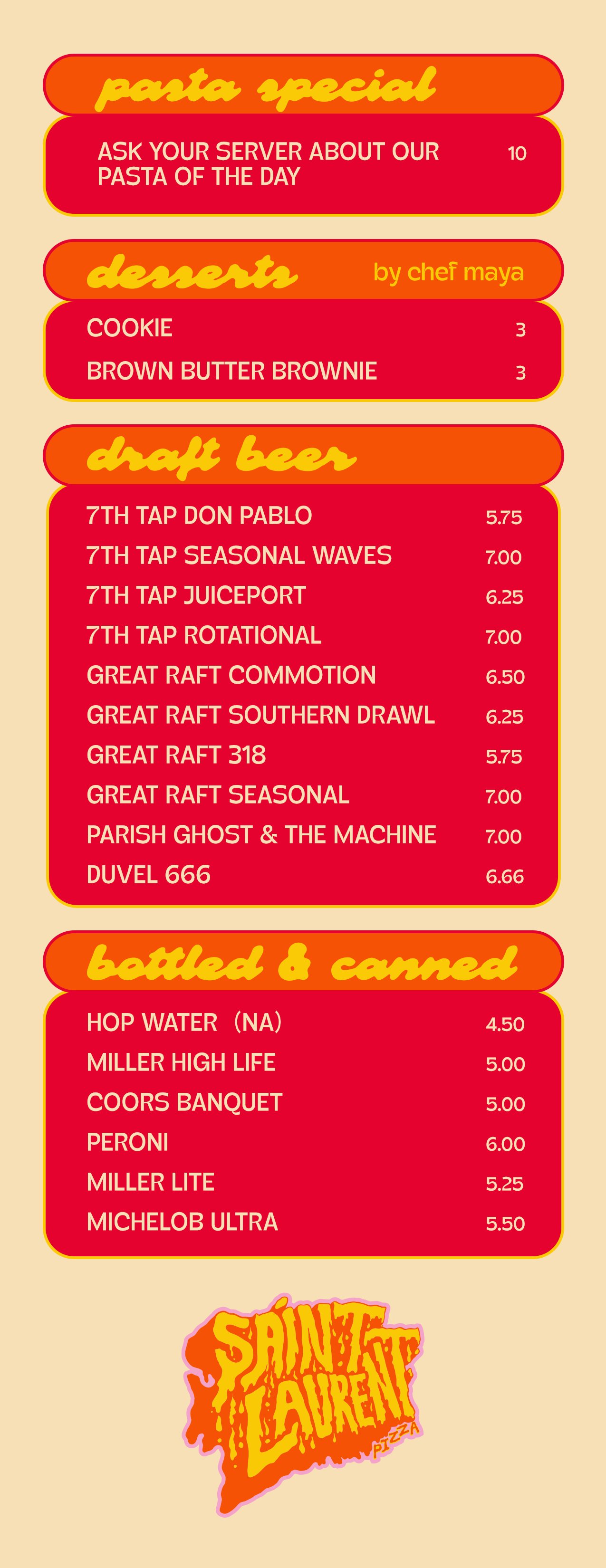 Menu — Saint Laurent Pizza
