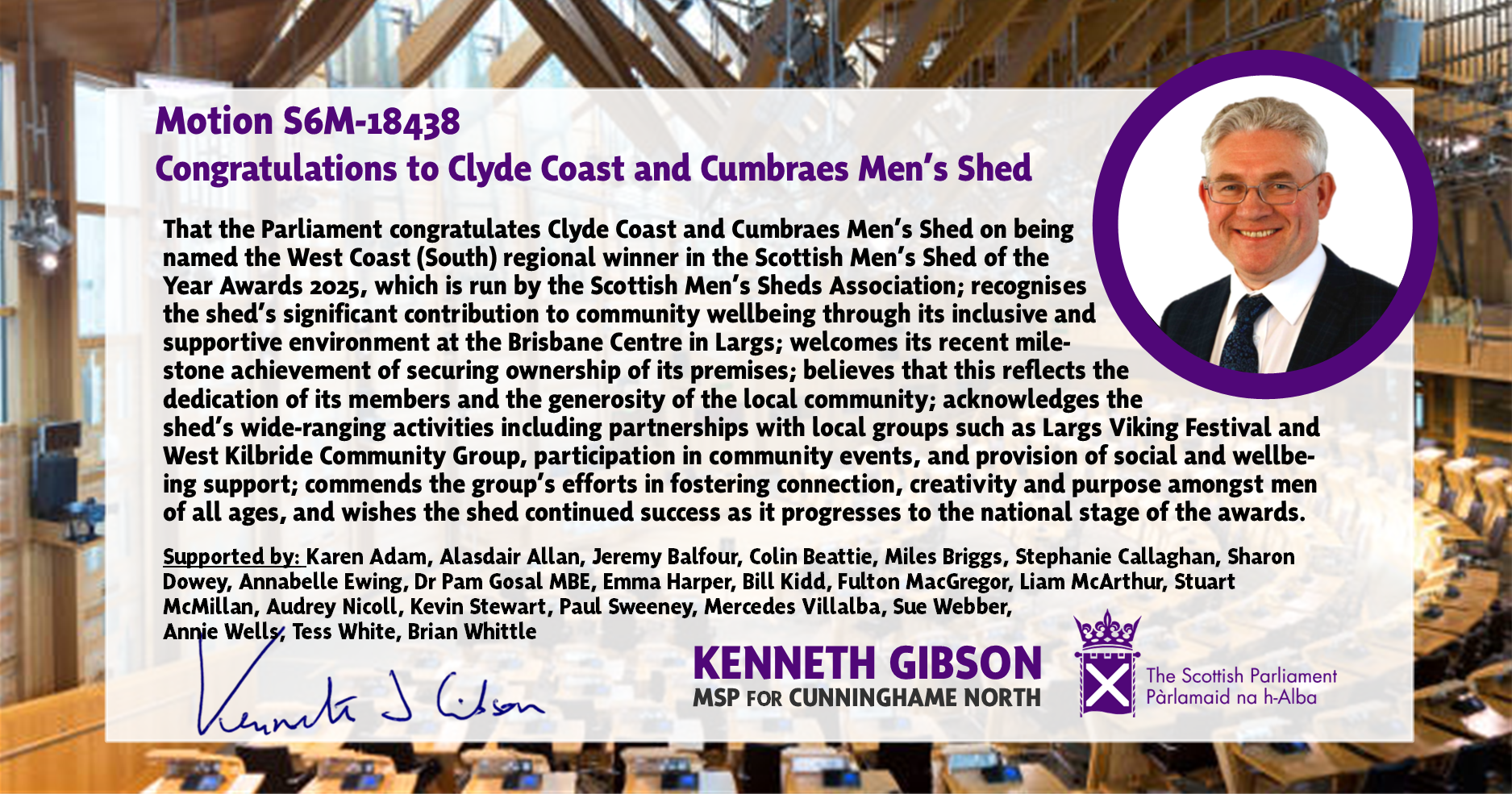Congratulations to Clyde Coast and Cumbraes Men’s Shed — Kenneth Gibson MSP