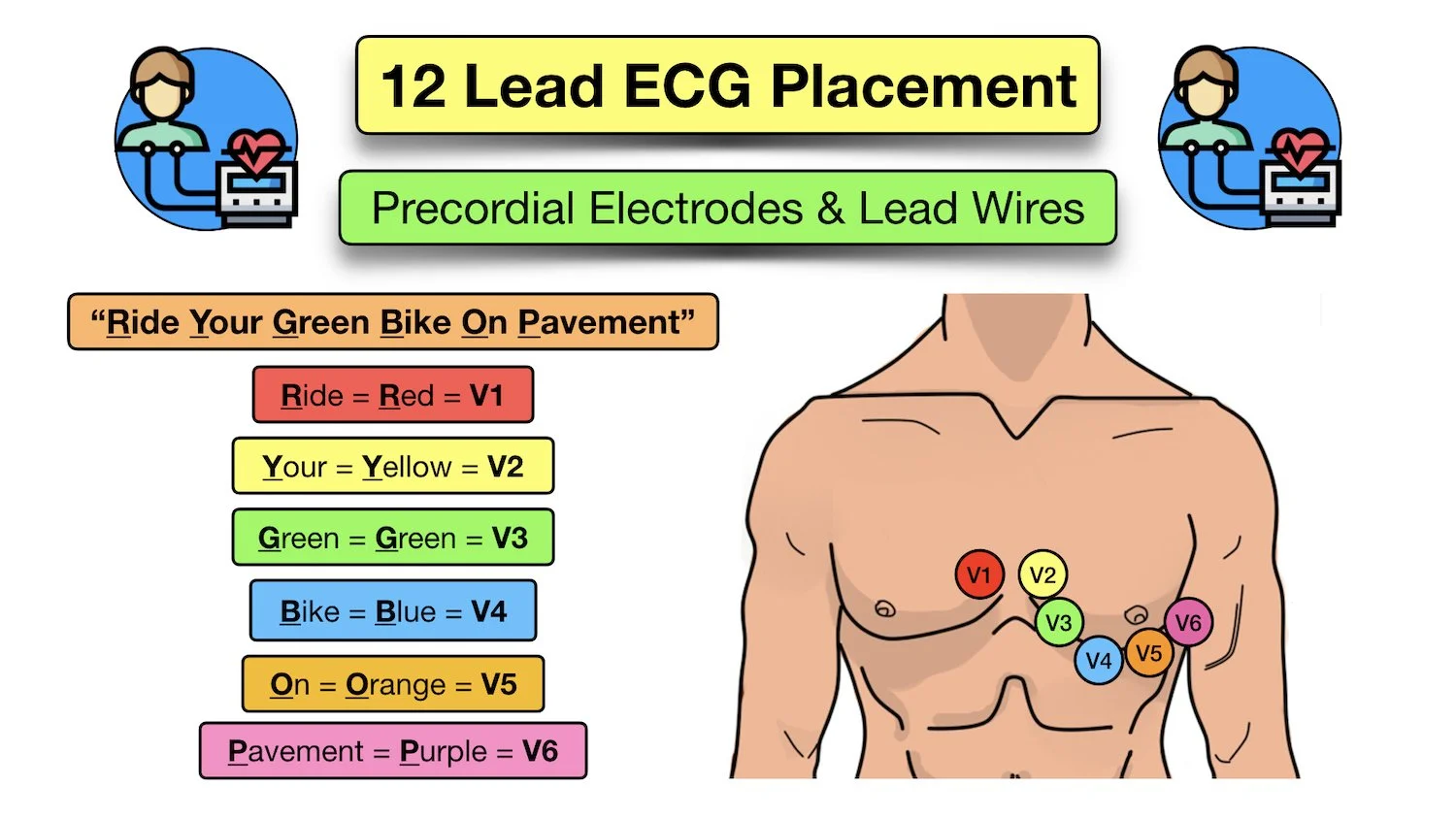 12 Lead ECG Placement: Diagram and Mnemonic for Limb and Precordial ...
