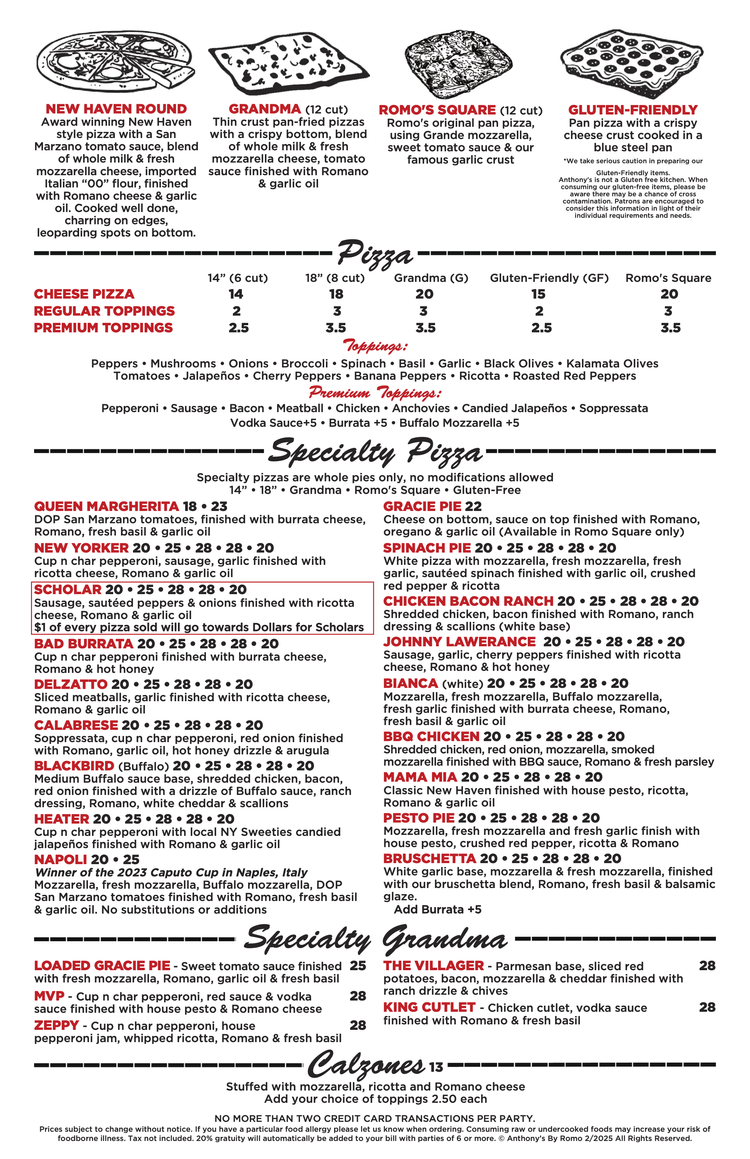 Menu — Anthony's by Romo's Pizza