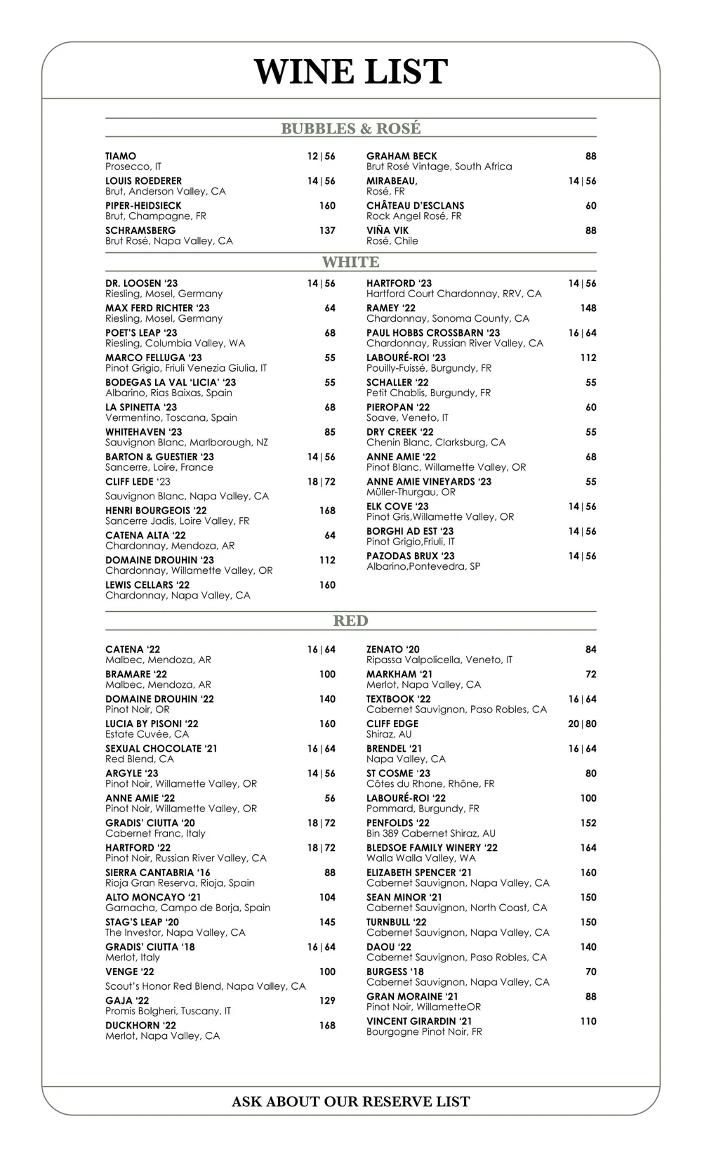 Menus — Sunness Supper Club