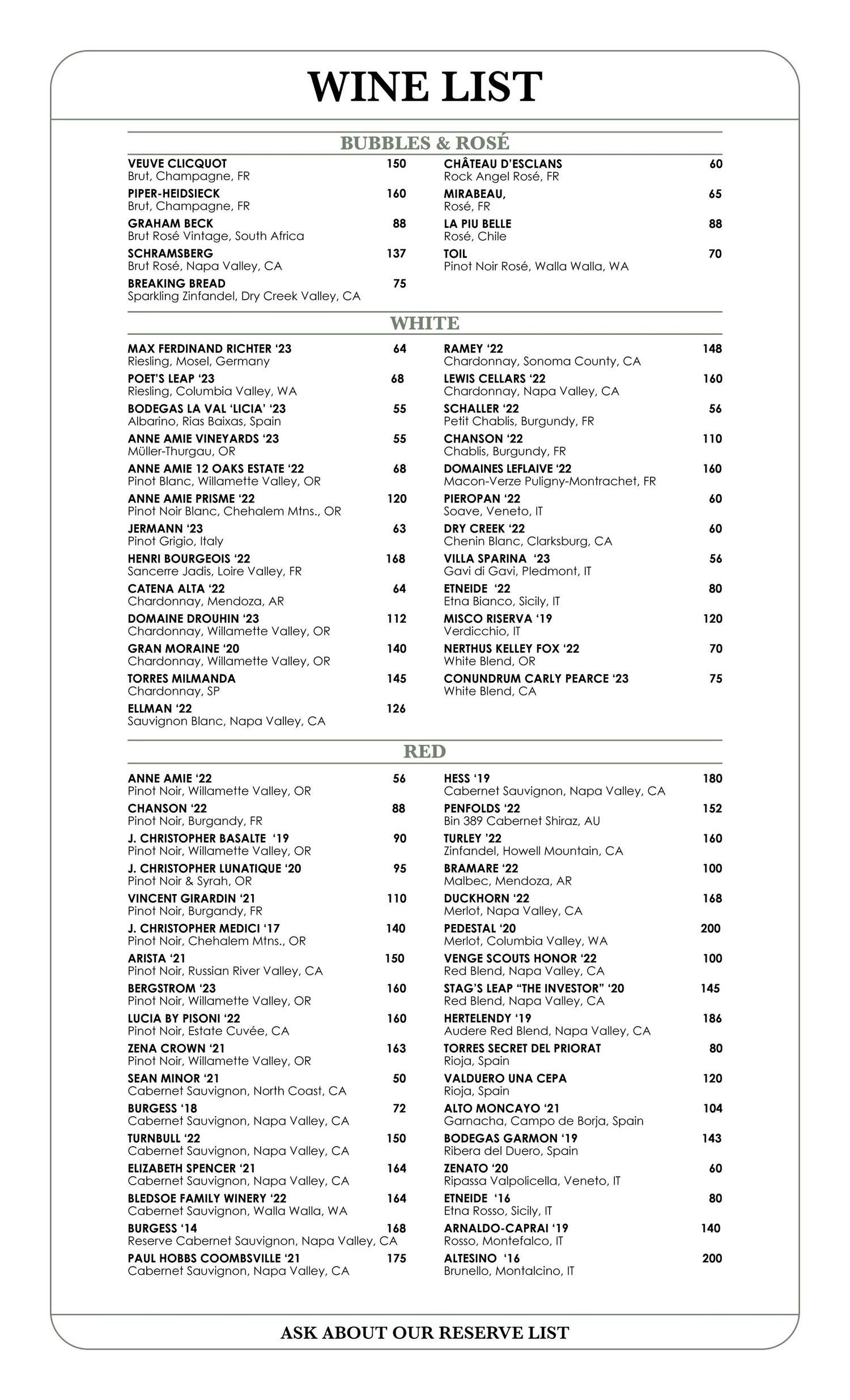 Menus — Sunness Supper Club