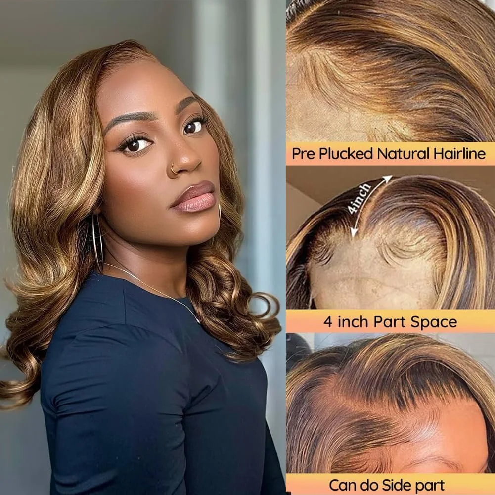 100% Human 4/27 Honey Blonde 13x4 Body Wave Wig HD Lace, Pre Plucked ...