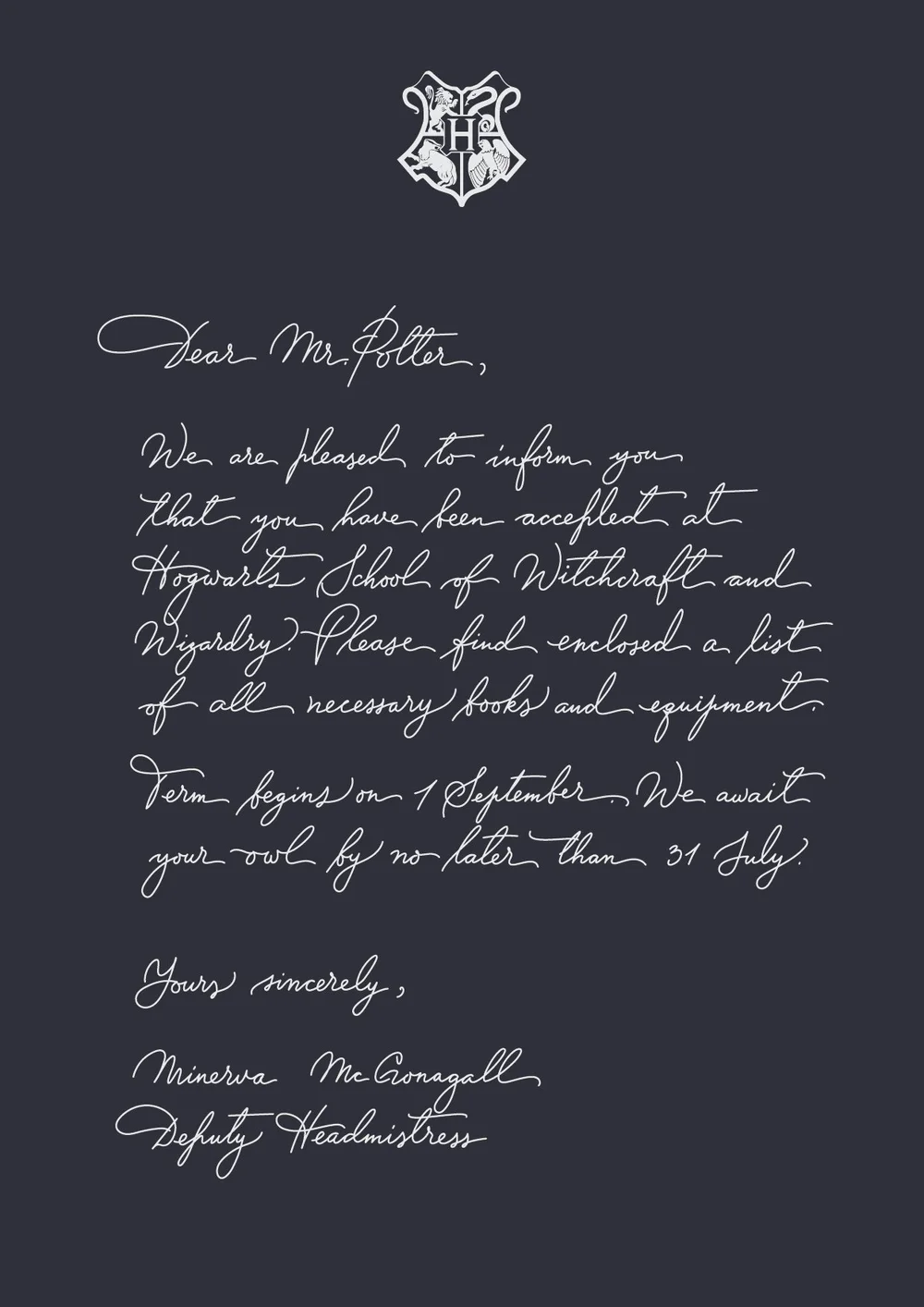 Harry Potters acceptance letter to Hogwarts — Loops & Tails