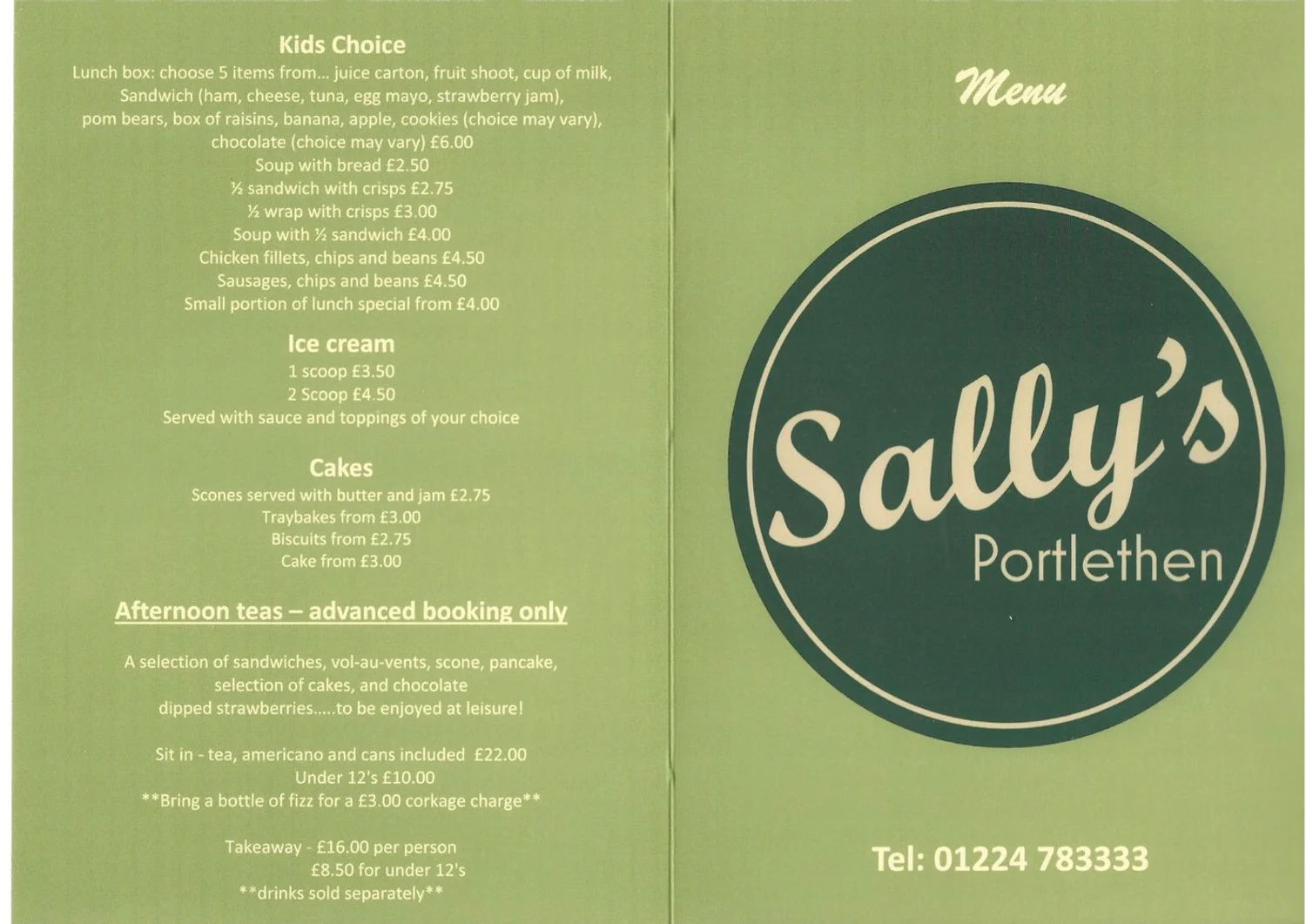 Menu — Sally's, Portlethen