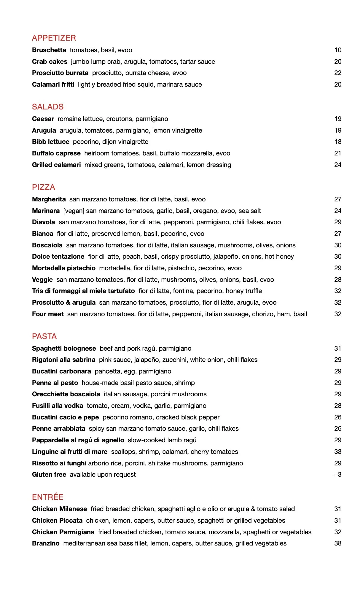 Menu — Sabrina's Pizzeria Napoletana