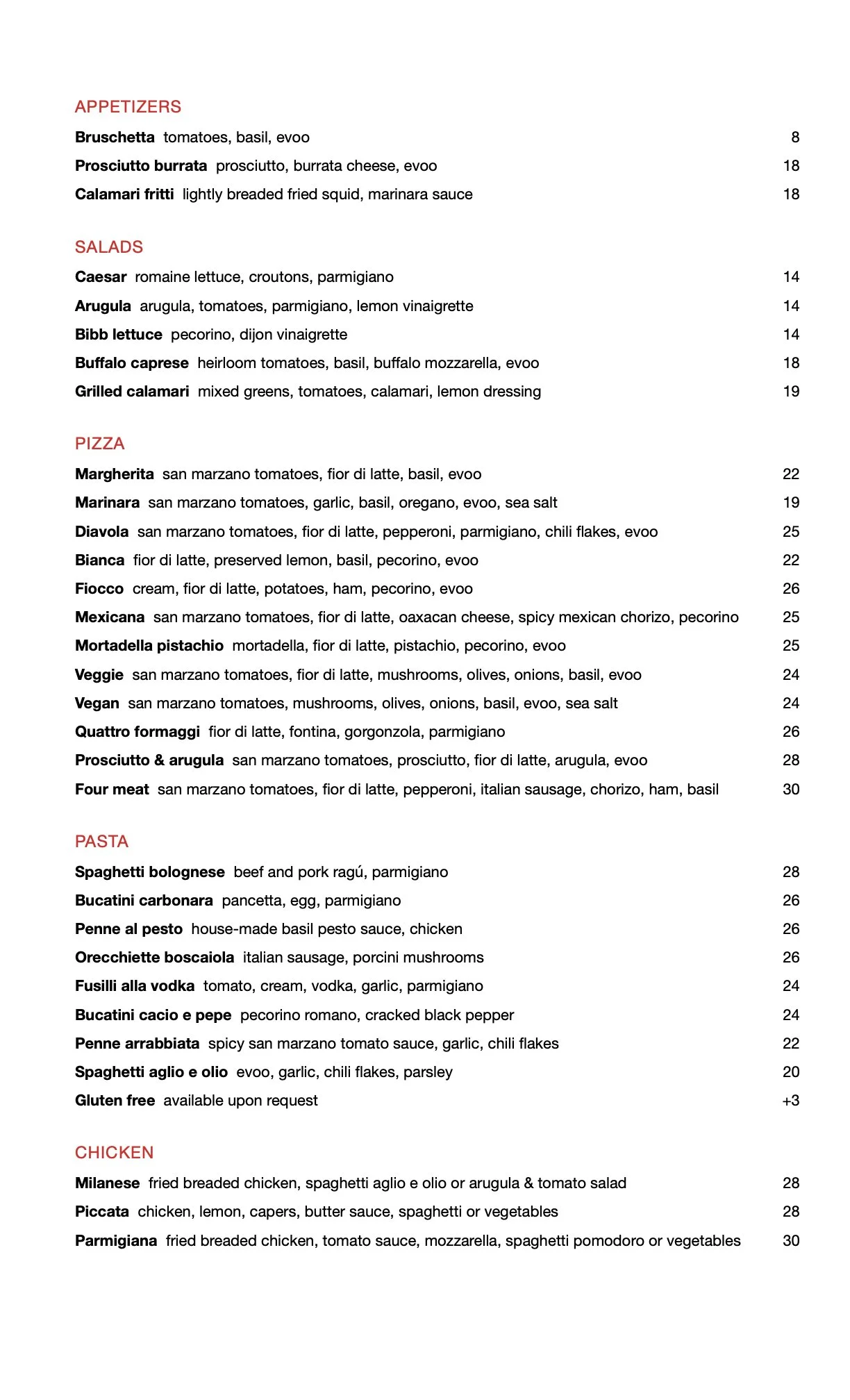 Menu — Sabrina's Pizzeria Napoletana