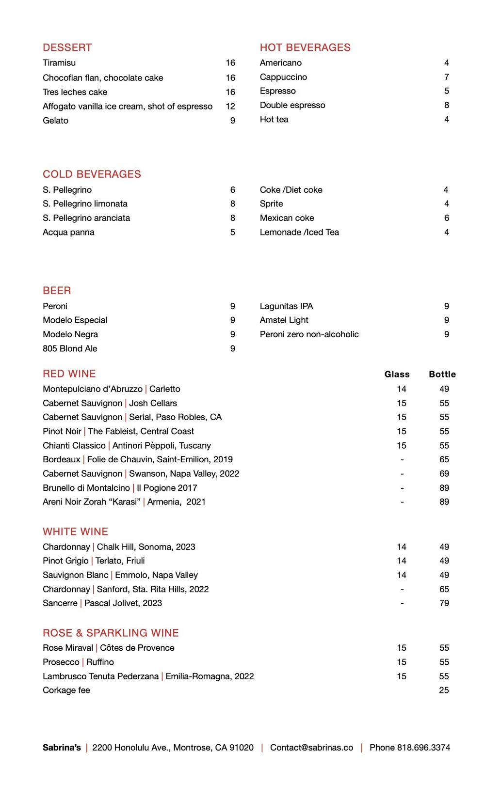 Menu — Sabrina's Pizzeria Napoletana