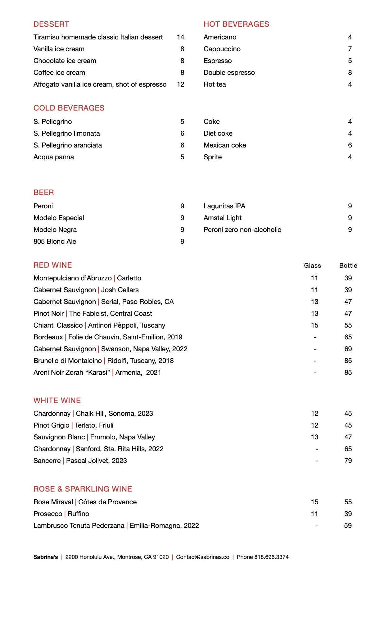 Menu — Sabrina's Pizzeria Napoletana