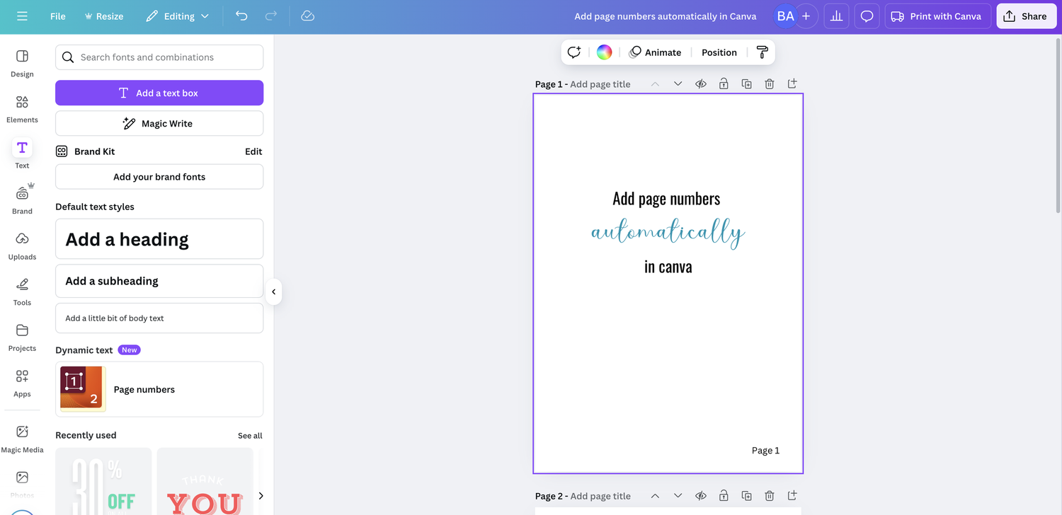 How to Add Automatic Page Numbers in Canva — Preset Pixels