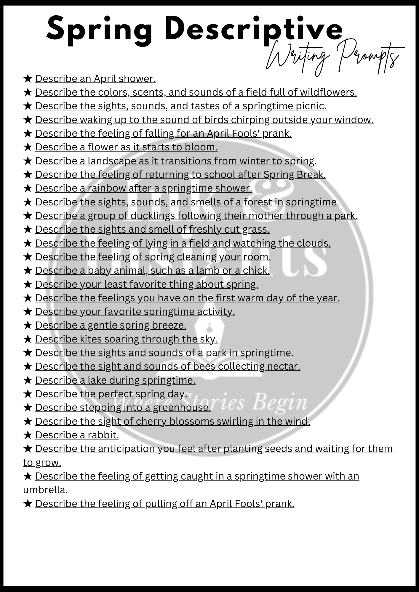 Spring Descriptive Writing Prompts Booklet — Ink & Insights