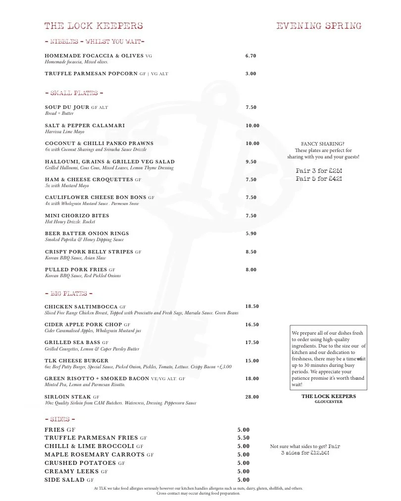 Menus | Discover & Dine Now — the lock keepers