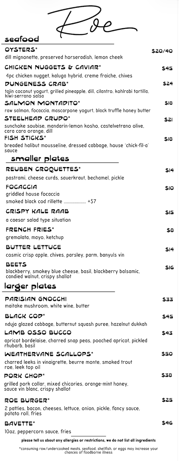 Roe Menu | Seasonal & Ever-Changing Cuisine | Bellingham