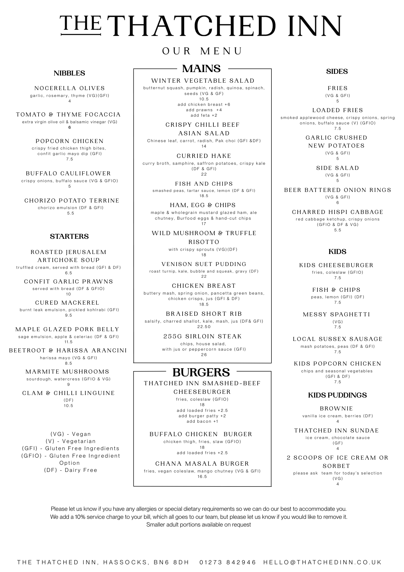 Menu 1 — The Thatched Inn, Hassocks