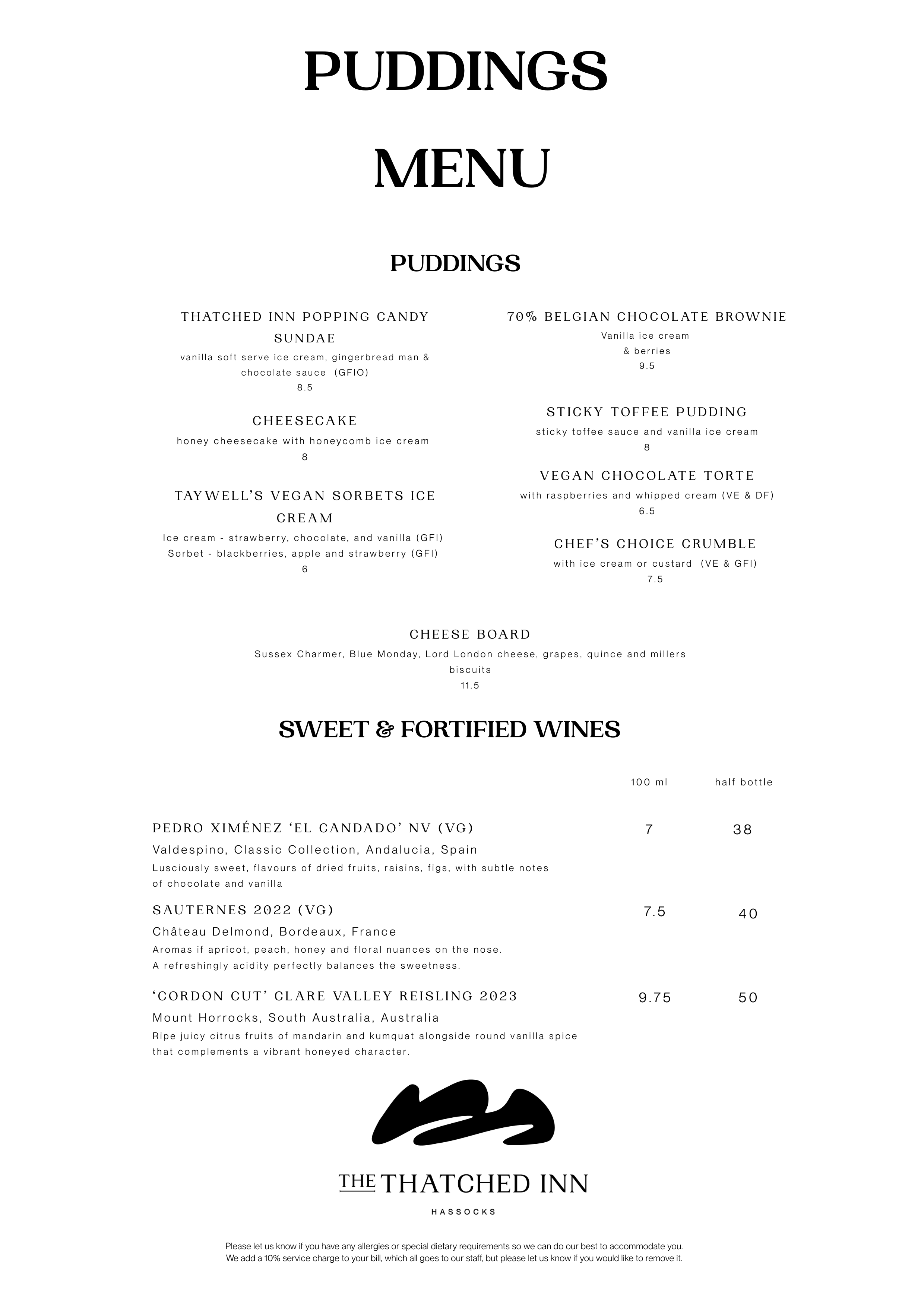 Desserts & Puddings Menu — The Thatched Inn, Hassocks