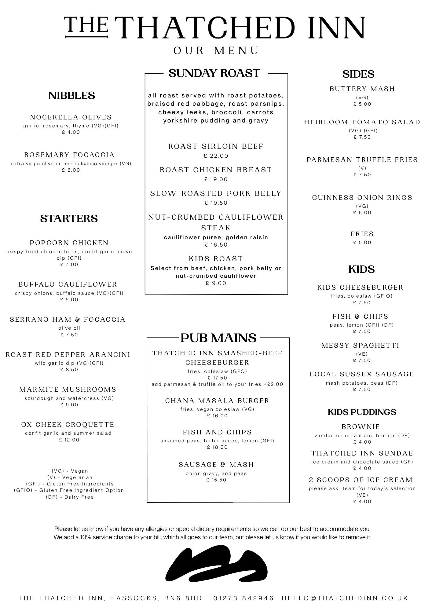 Sunday Menu — The Thatched Inn, Hassocks