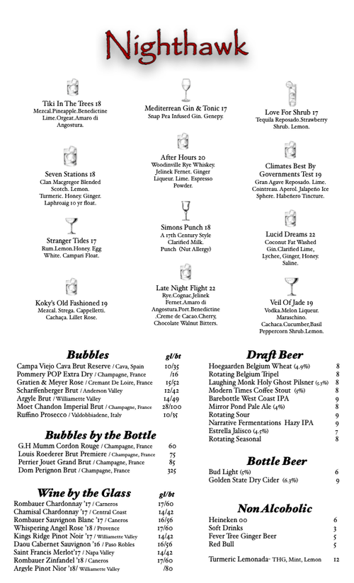 Nighthawk Bar Menu | Craft Cocktails in Redwood City — Nighthawk
