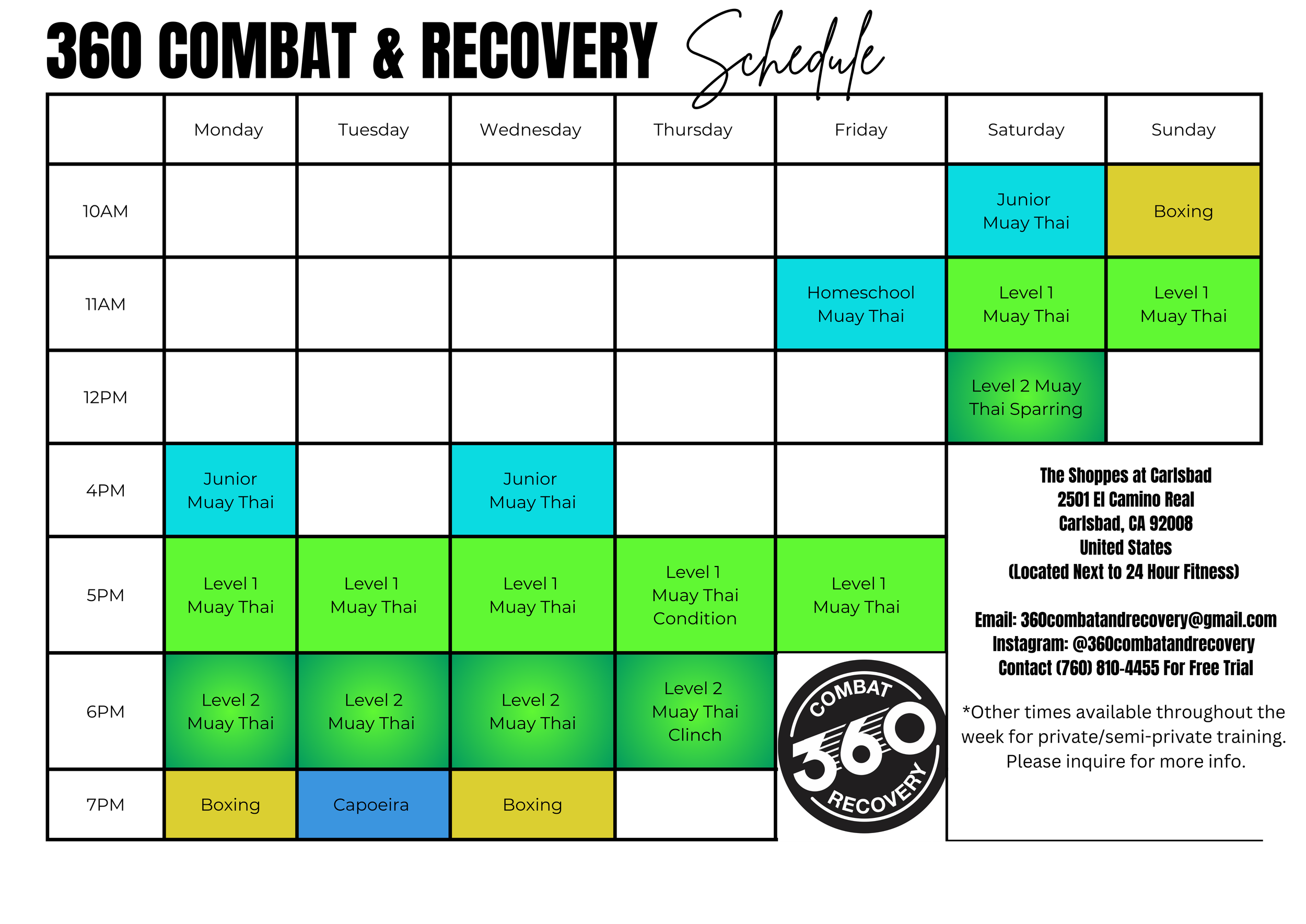 Schedule — 360 Combat and Recovery